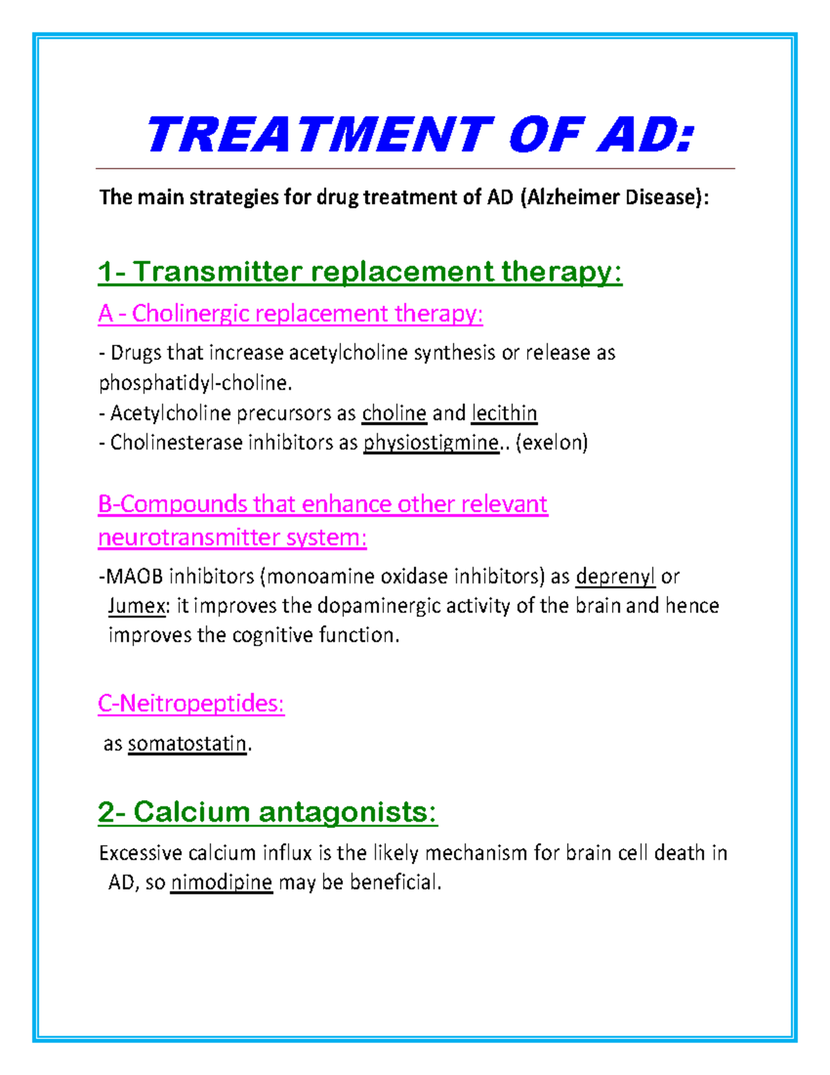 13.Treatment of AD (Alzheimer Disease) - TREATMENT OF AD: The main ...