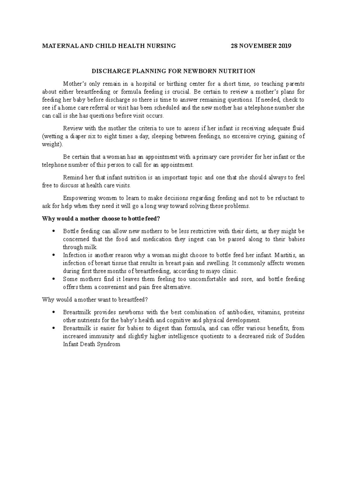 Discharge planning for newborn nutrition - MATERNAL AND CHILD HEALTH ...