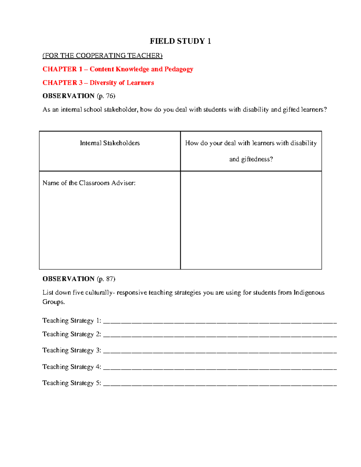 Field- Study-1-FOR-THE- Cooperating- Teacher - FIELD STUDY 1 (FOR THE ...