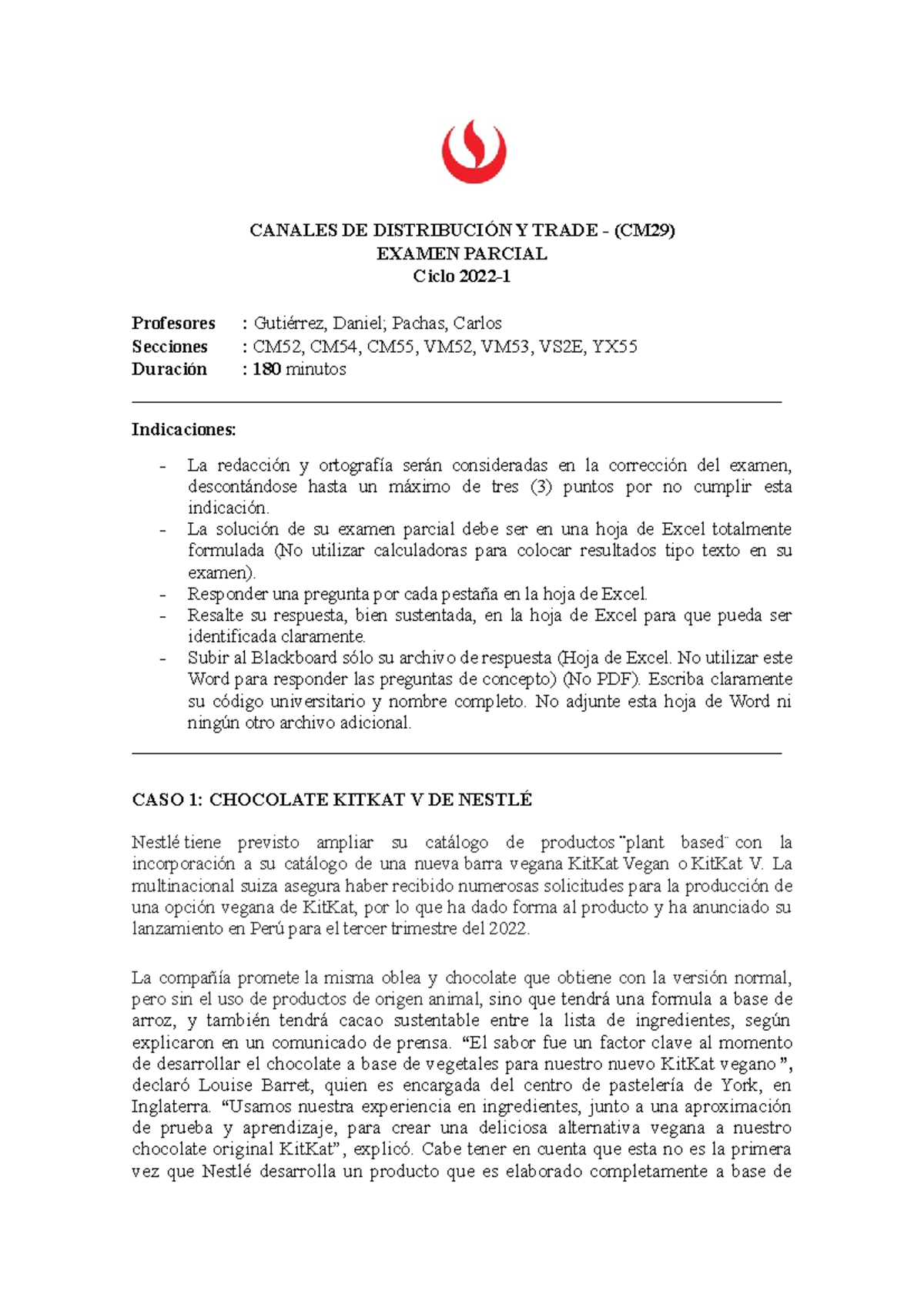 Examen Parcial 2022 -01 Version B - CANALES DE DISTRIBUCIÓN Y TRADE ...