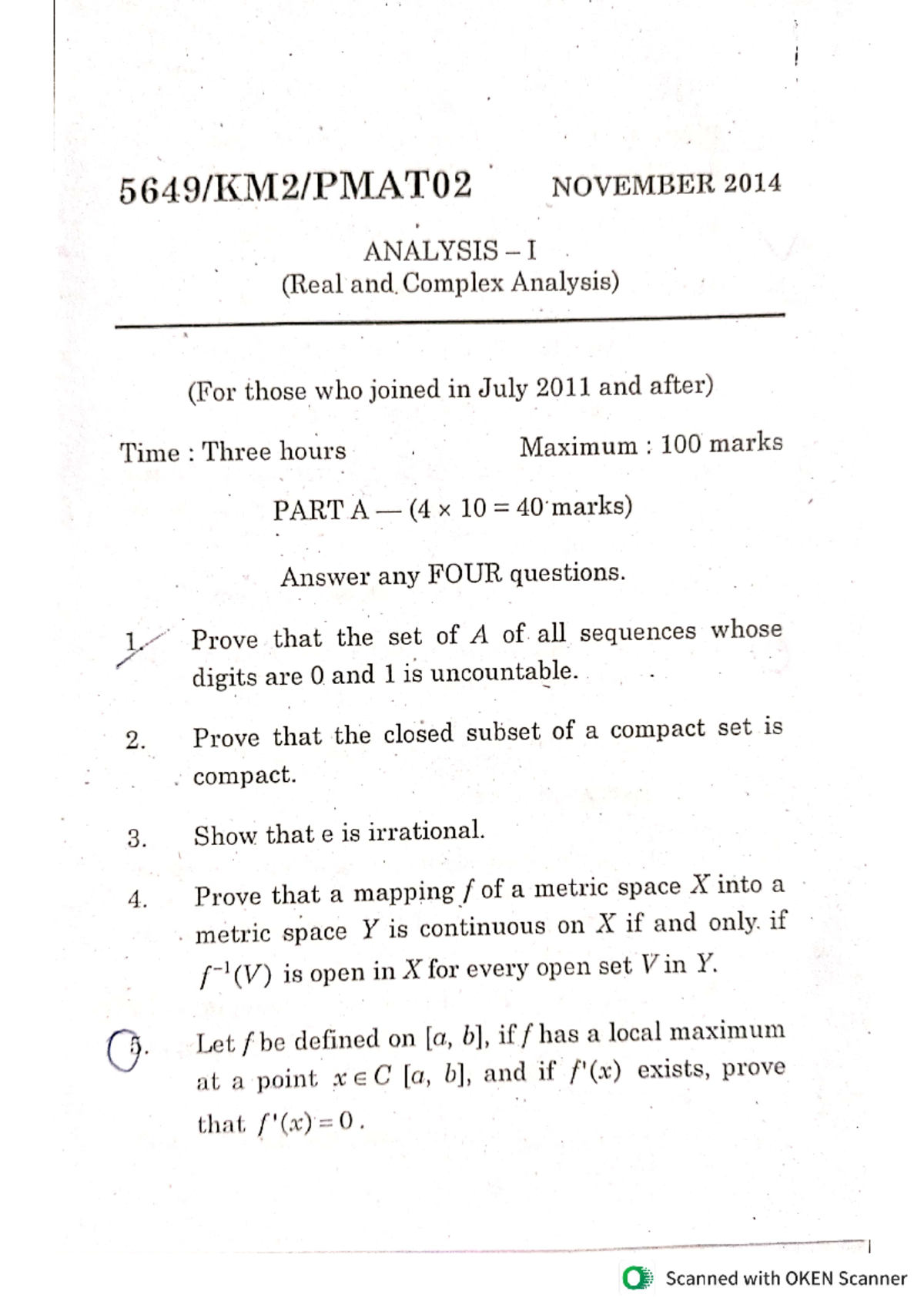 Msc question paper Analysis 1 real and complex analysis - Mathematics ...