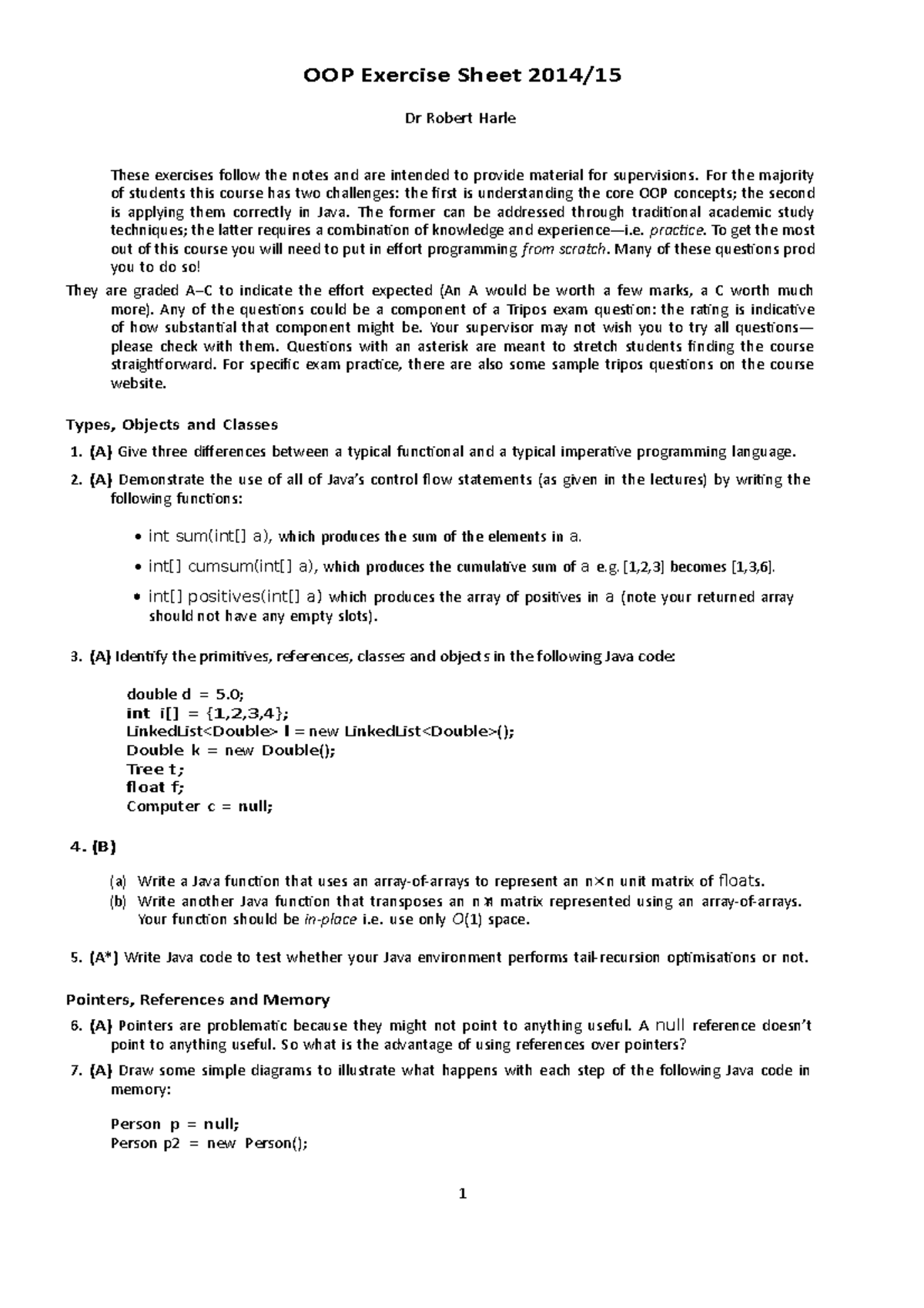 OOPExamples 1415 - 1 OOP Exercise Sheet 2014/ Dr Robert Harle These ...
