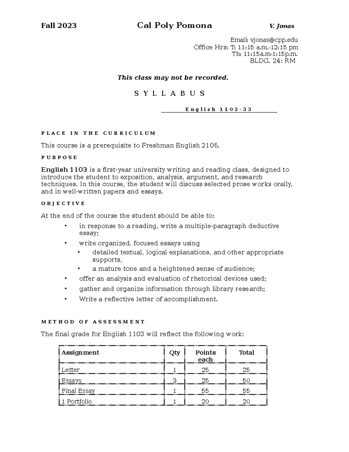 1103-33 Fall 2023 Syllabus - Fall 2023 Cal Poly Pomona V. Jonas Email ...