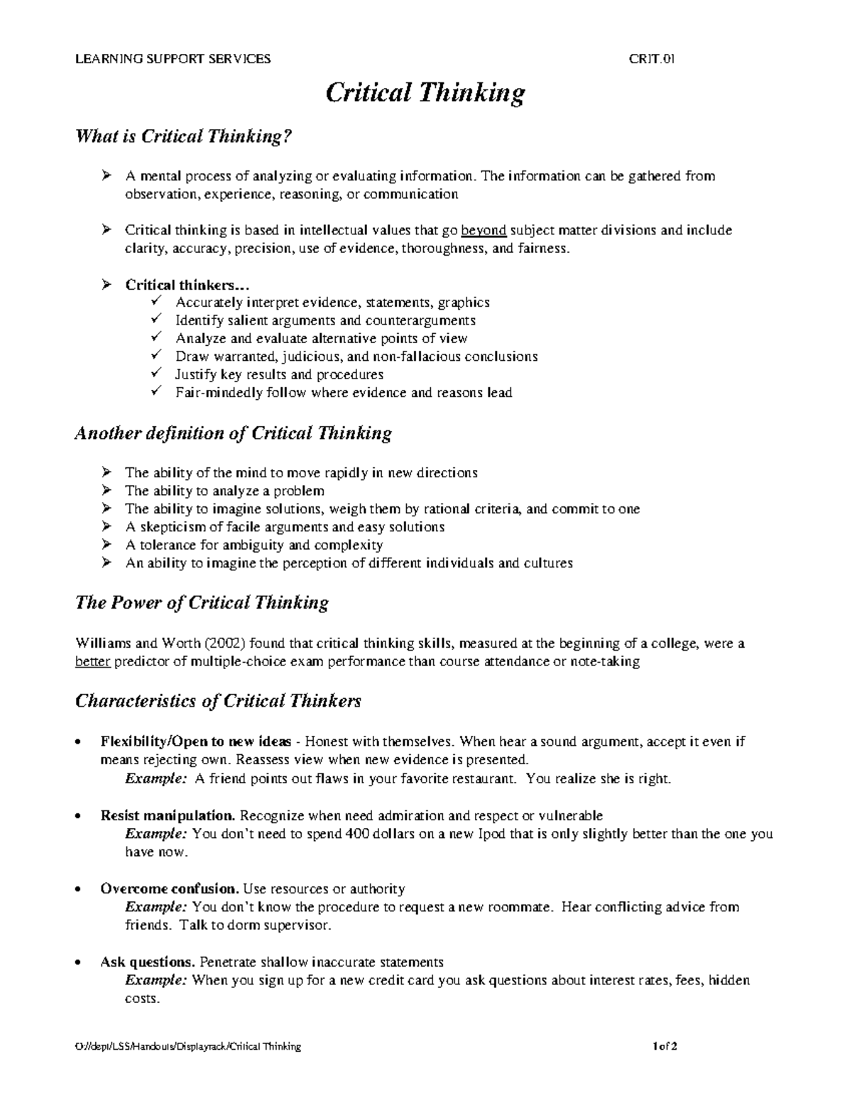 Critical-Thinking - LEARNING SUPPORT SERVICES CRIT. Critical Thinking ...