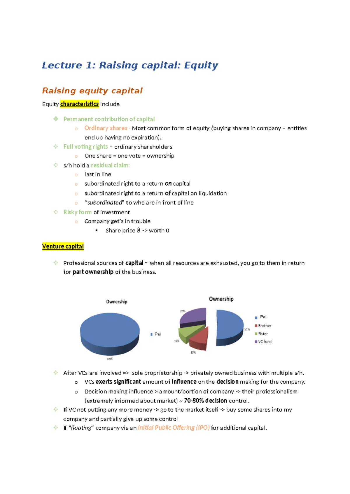Lecture 1 - notes - Lecture 1: Raising capital: Equity Raising equity ...