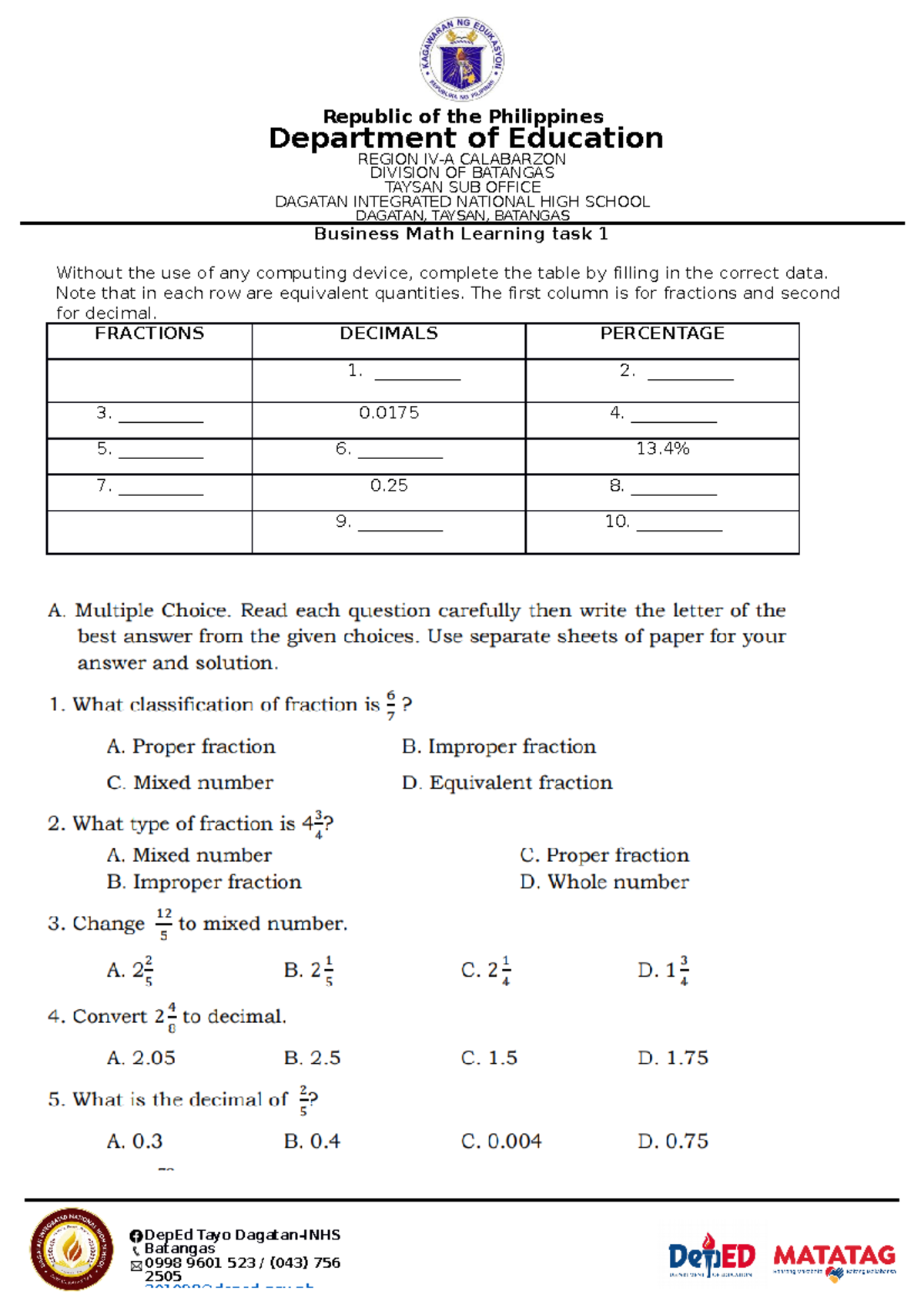 Bus Math - Assessment - Republic of the Philippines Department of ...