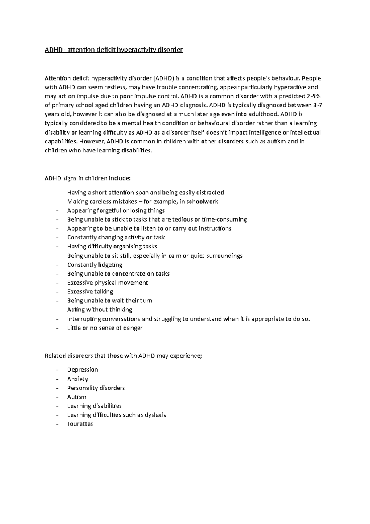 ADHD Notes - ADHD- attention deficit hyperactivity disorder Attention ...