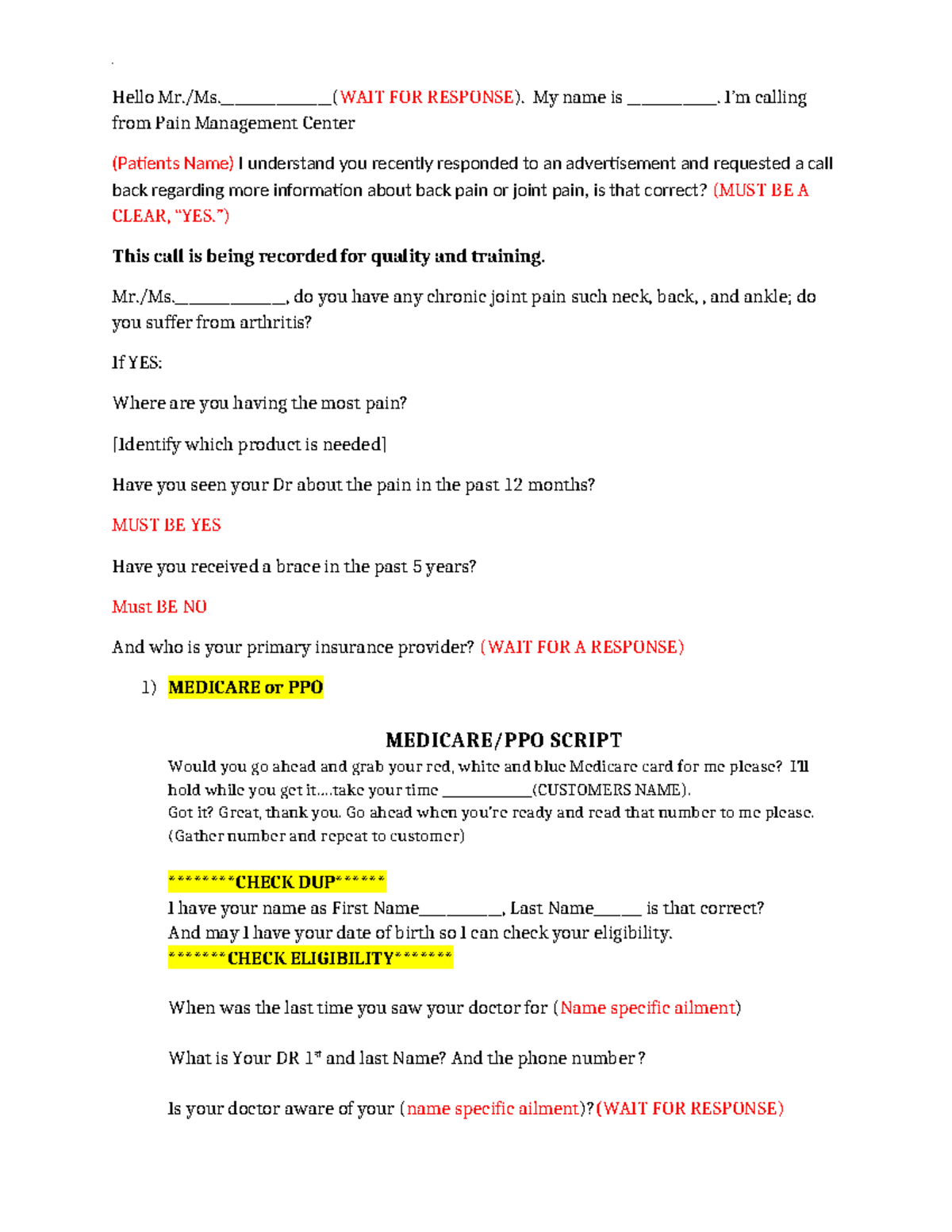 Back-brace-script - . Hello Mr./Ms._____________(WAIT FOR RESPONSE). My ...