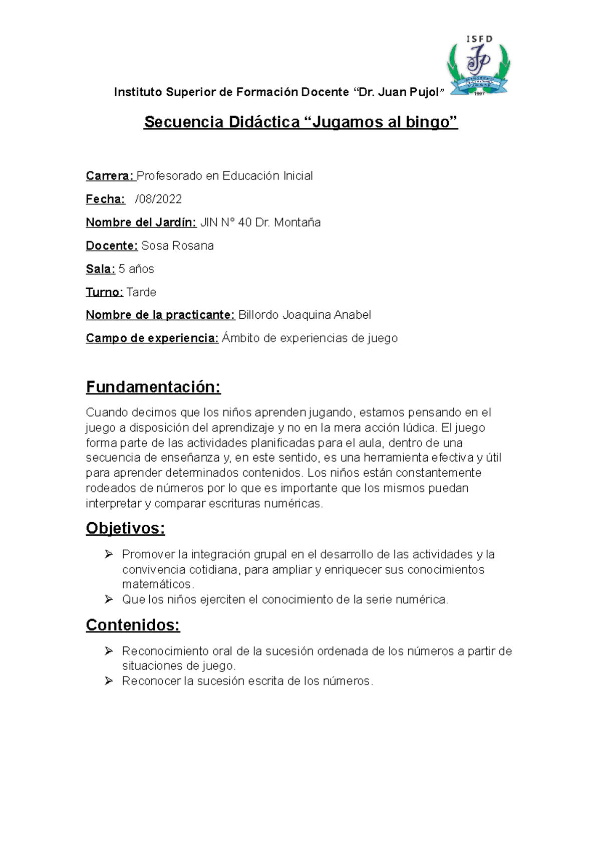 S Didáctica Jugamos al bingo EJI N°40 Billordo Joaquina - Instituto ...