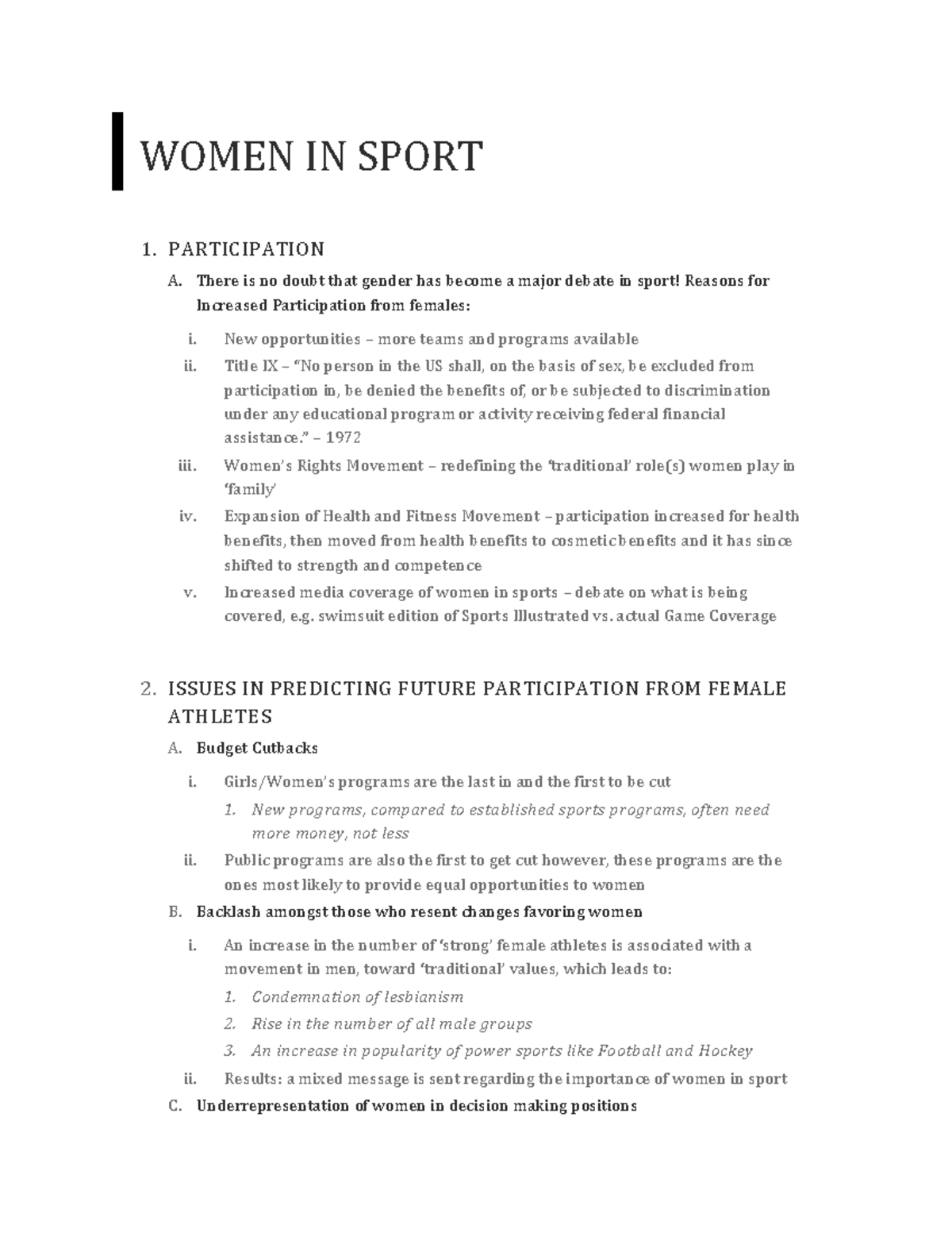5. Women In Sport - notes - WOMEN IN SPORT 1. PARTICIPATION A. There is ...