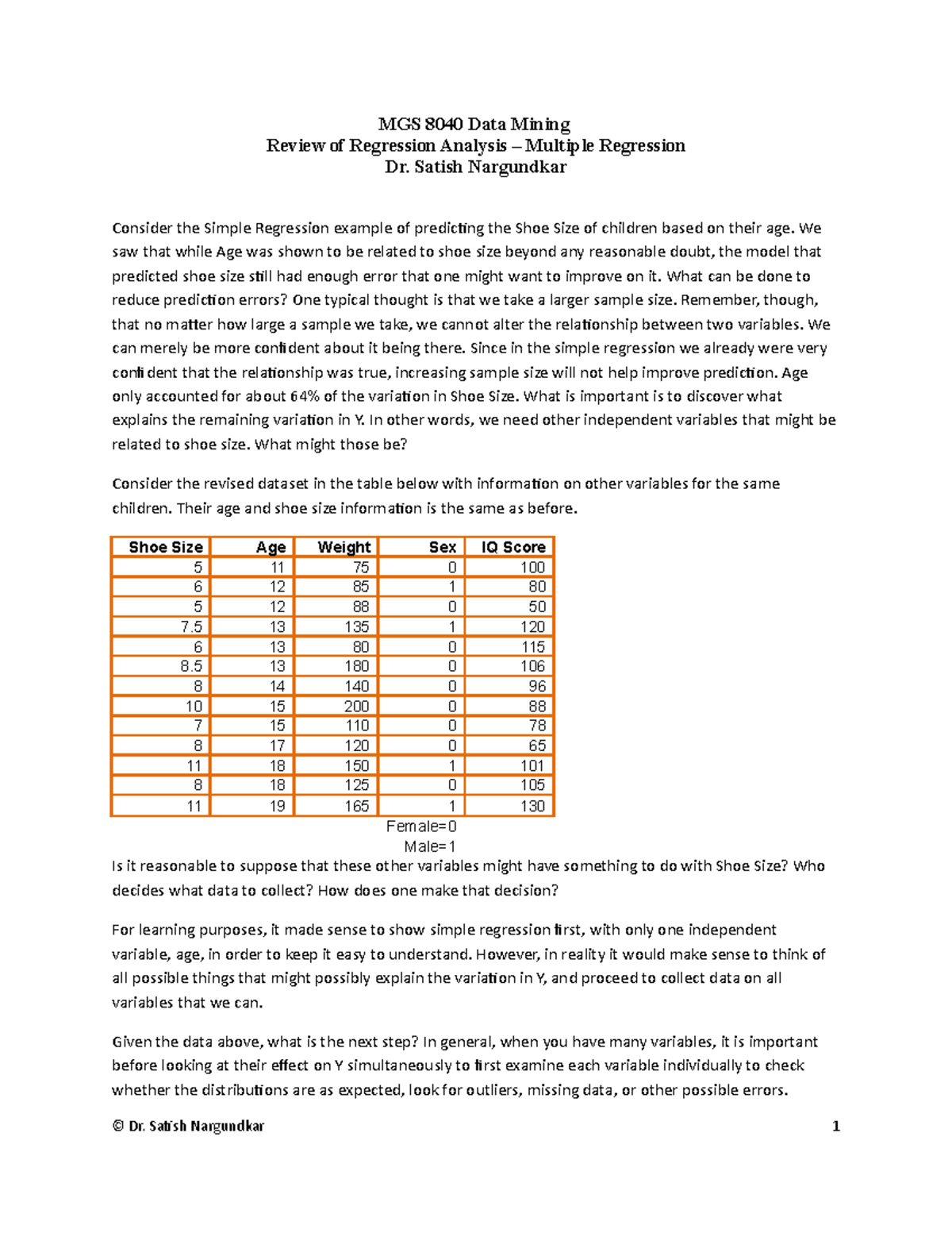 Notes 3 - Multiple Regression Review - MGS 8040 Data Mining Review of ...