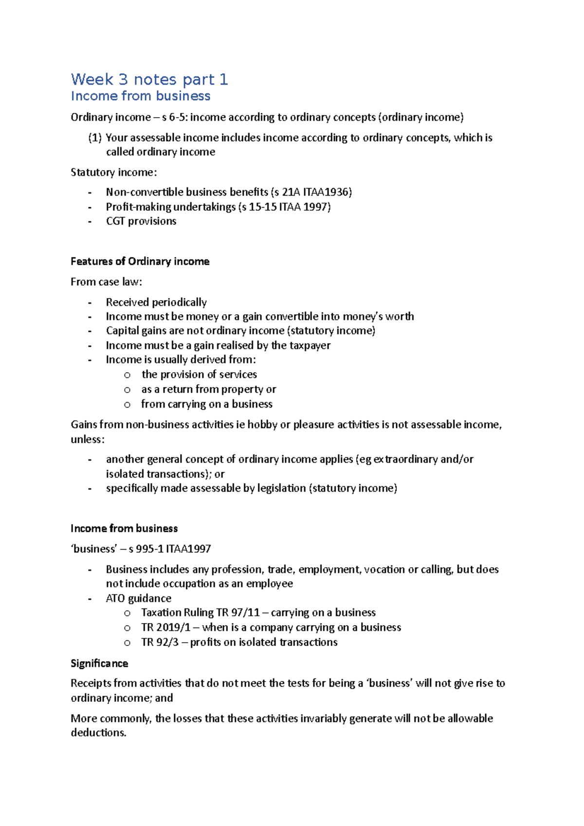 Week 3 notes part 1 - Week 3 notes part 1 Income from business Ordinary ...