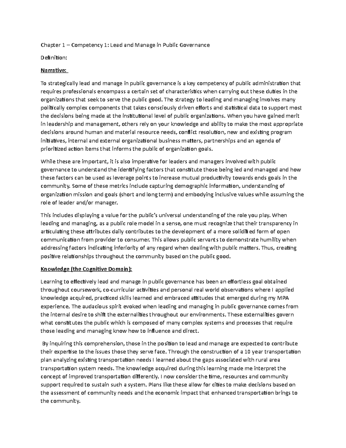 KSA Paragraphs - Assignment - Chapter 1 – Competency 1: Lead and Manage ...