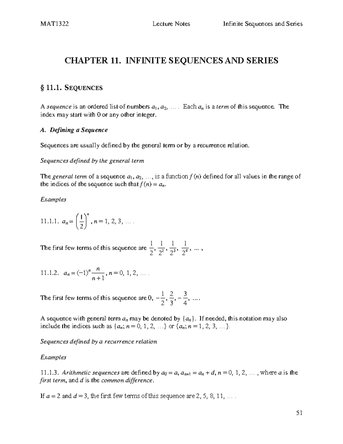 Mat1322Notes S 19-Part3 - CHAPTER 11. INFINITE SEQUENCES AND SERIES ...