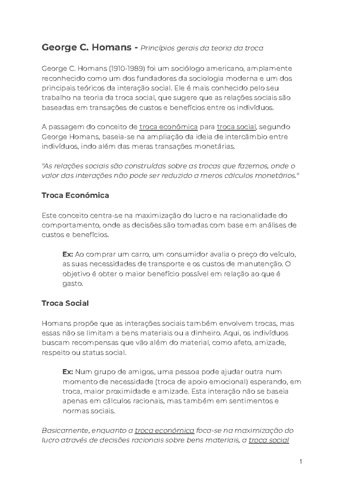 Resumo 2ª teste de teorias (2ºano) - George C. Homans - Princípios ...