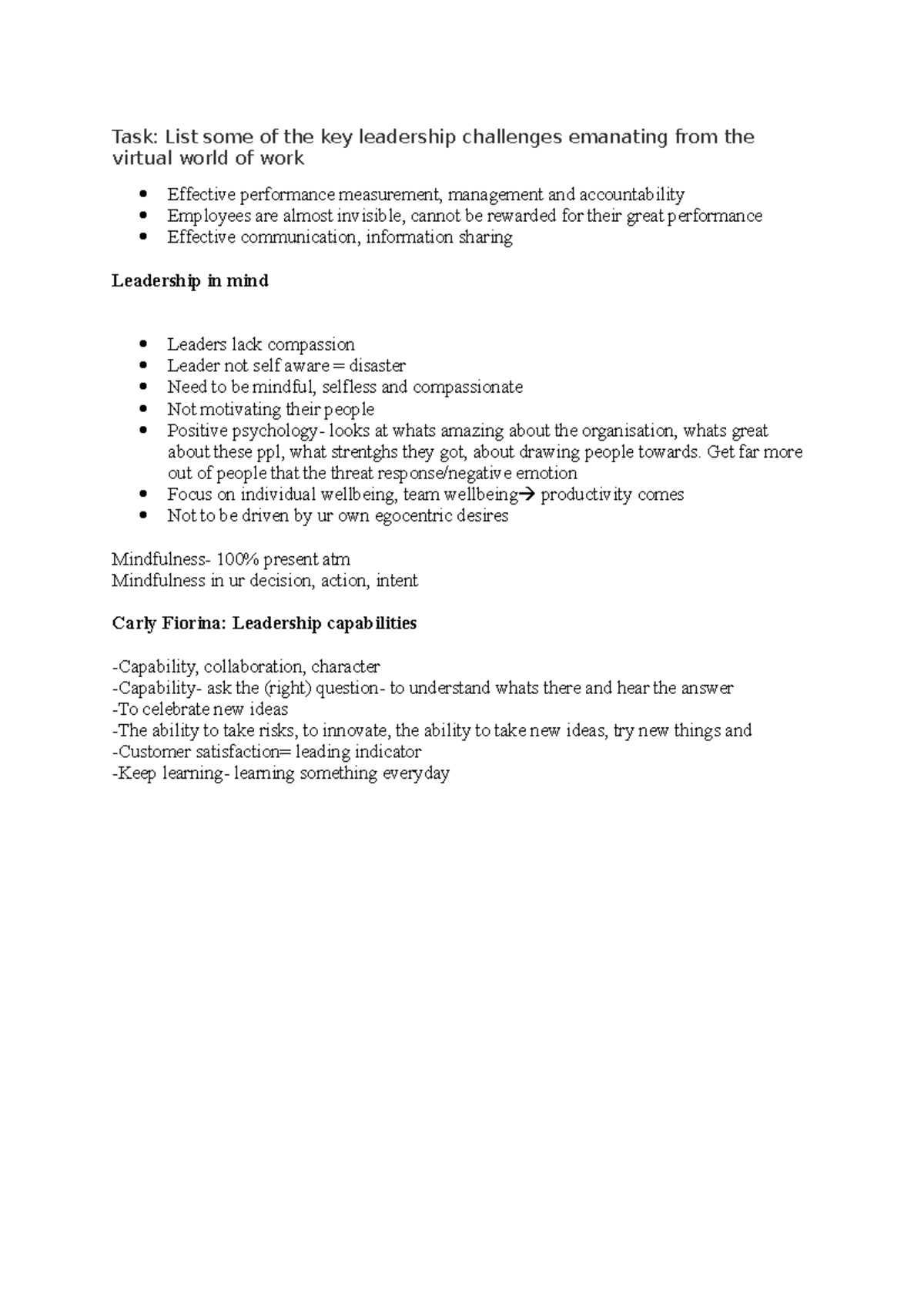 Week 3 Tutorial - tut notes - Task: List some of the key leadership ...