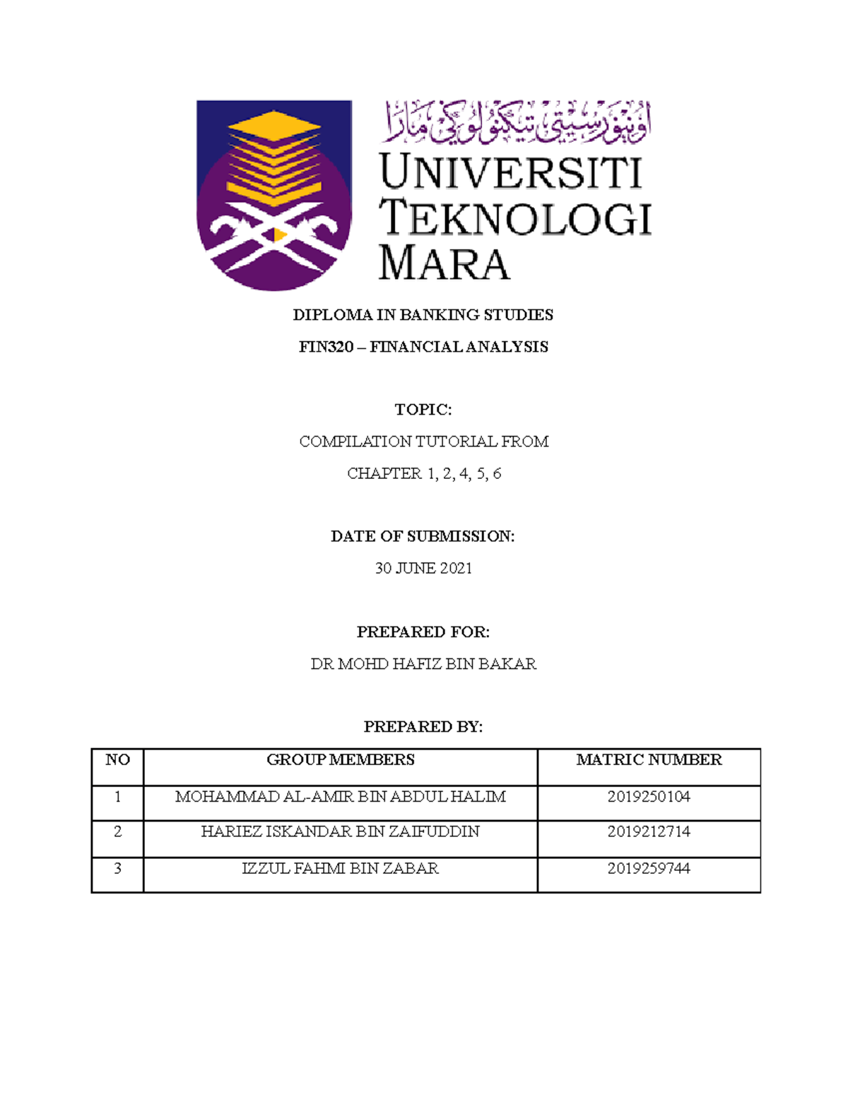 FIN320 Report Compilation Tutorial 1-6 - DIPLOMA IN BANKING STUDIES ...