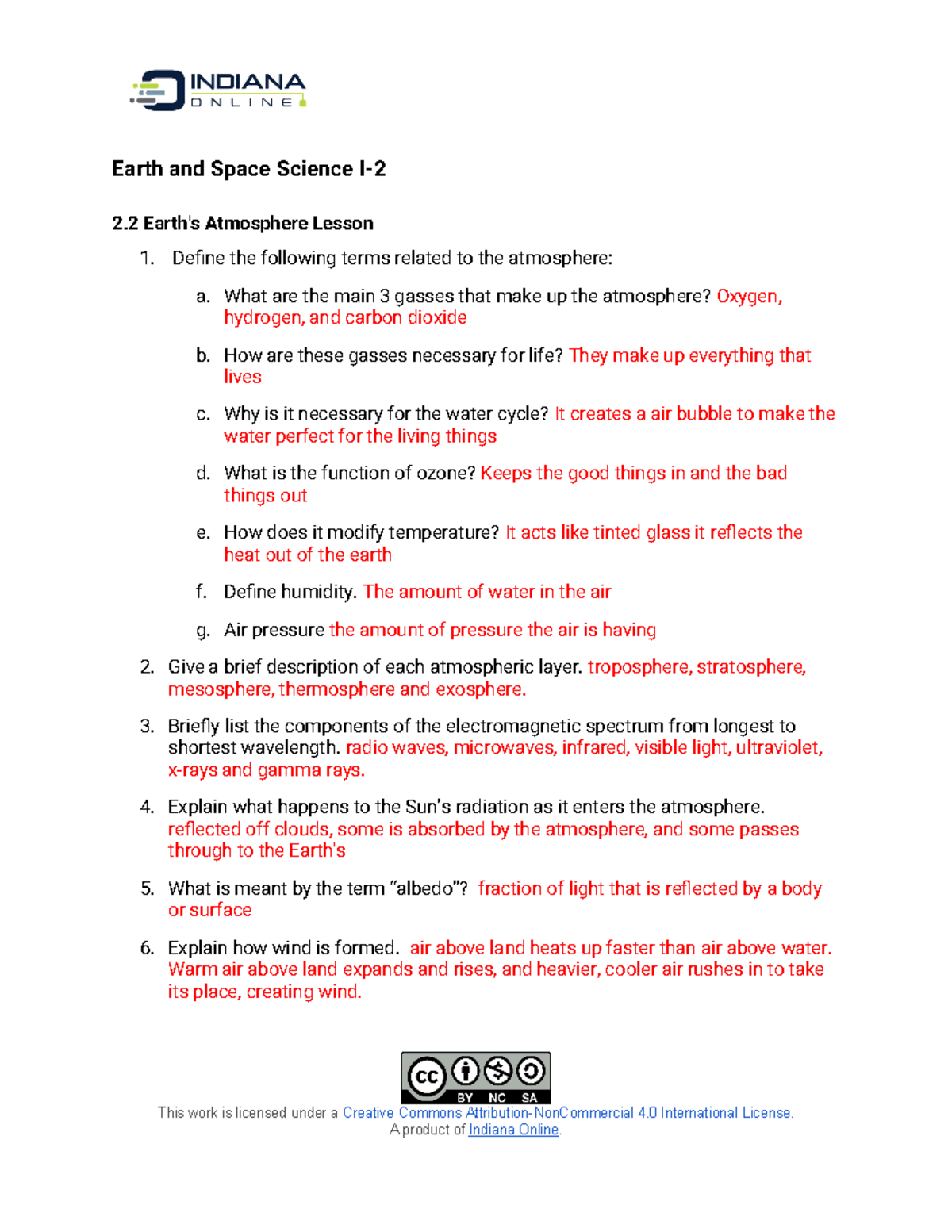 Lesson 2.2 Questions - Earth and Space Science I- 2 Earth's Atmosphere ...