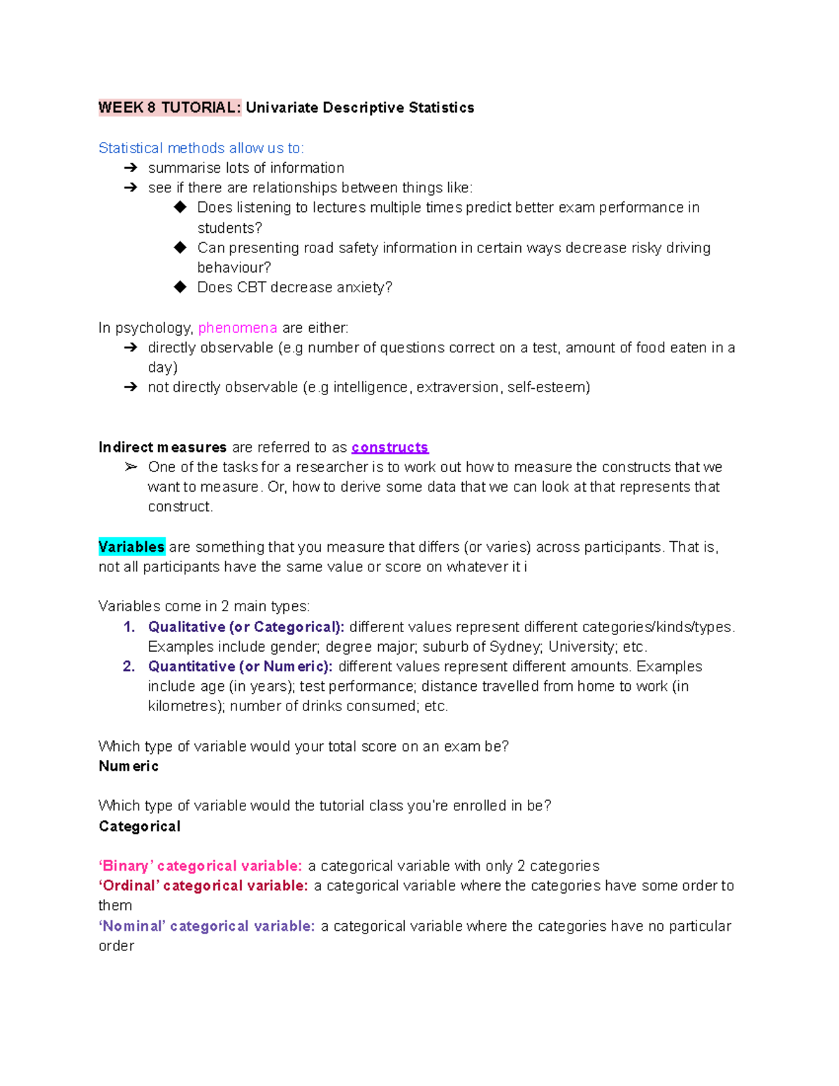 Wk 8 tute - Tutorial work covered in Week 8 - WEEK 8 TUTORIAL ...