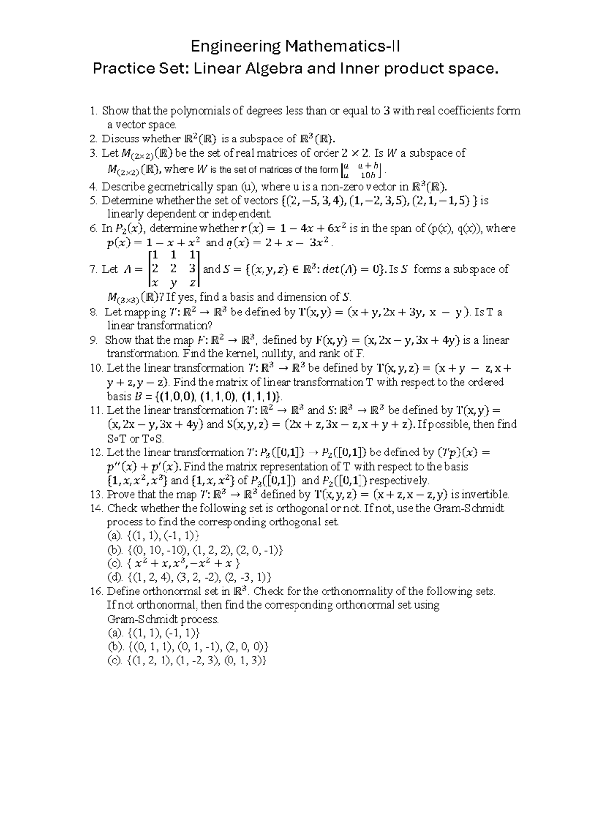 Practice set Unit2,3 EM2 - Engineering Mathematics-II Practice Set: Linear Algebra and Inner ...