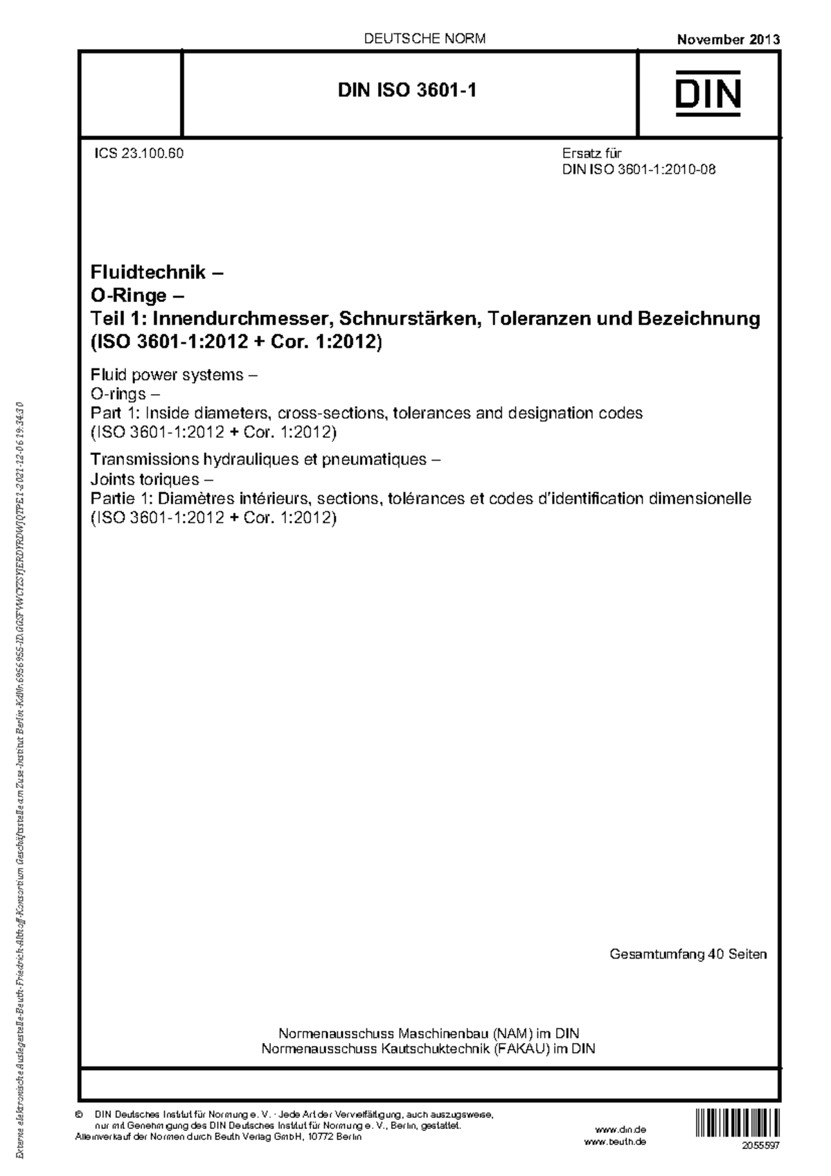 DIN ISO 3601 - O-Ringe - norm für o ring - DEUTSCHE NORM November 2013 ...