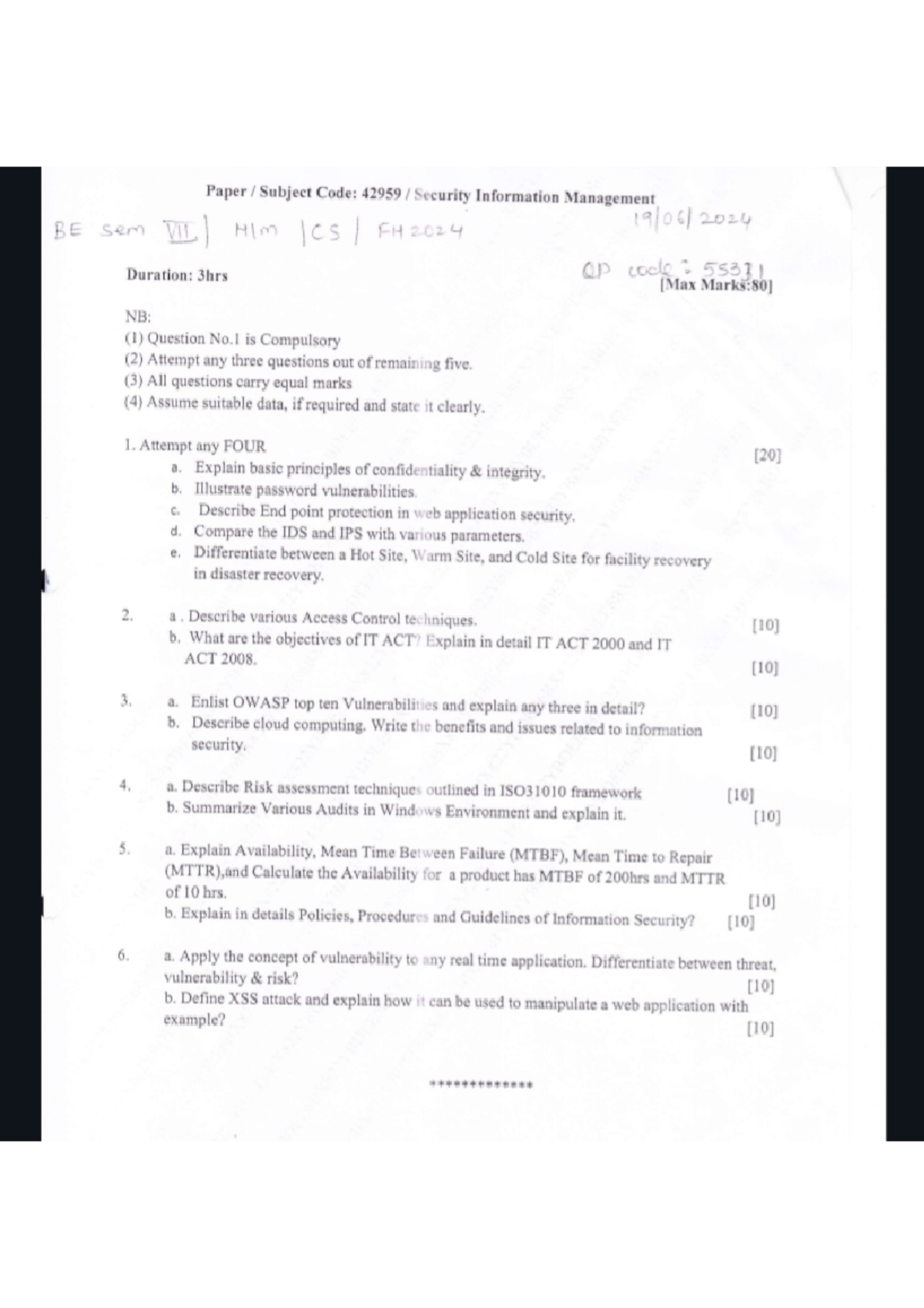 Sim qp - Question paper of mis honours - Paper Subject Code: 42959 ...