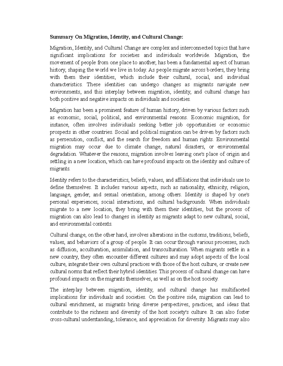 Summary On Migration, Identity, and Cultural Change - Summary On ...