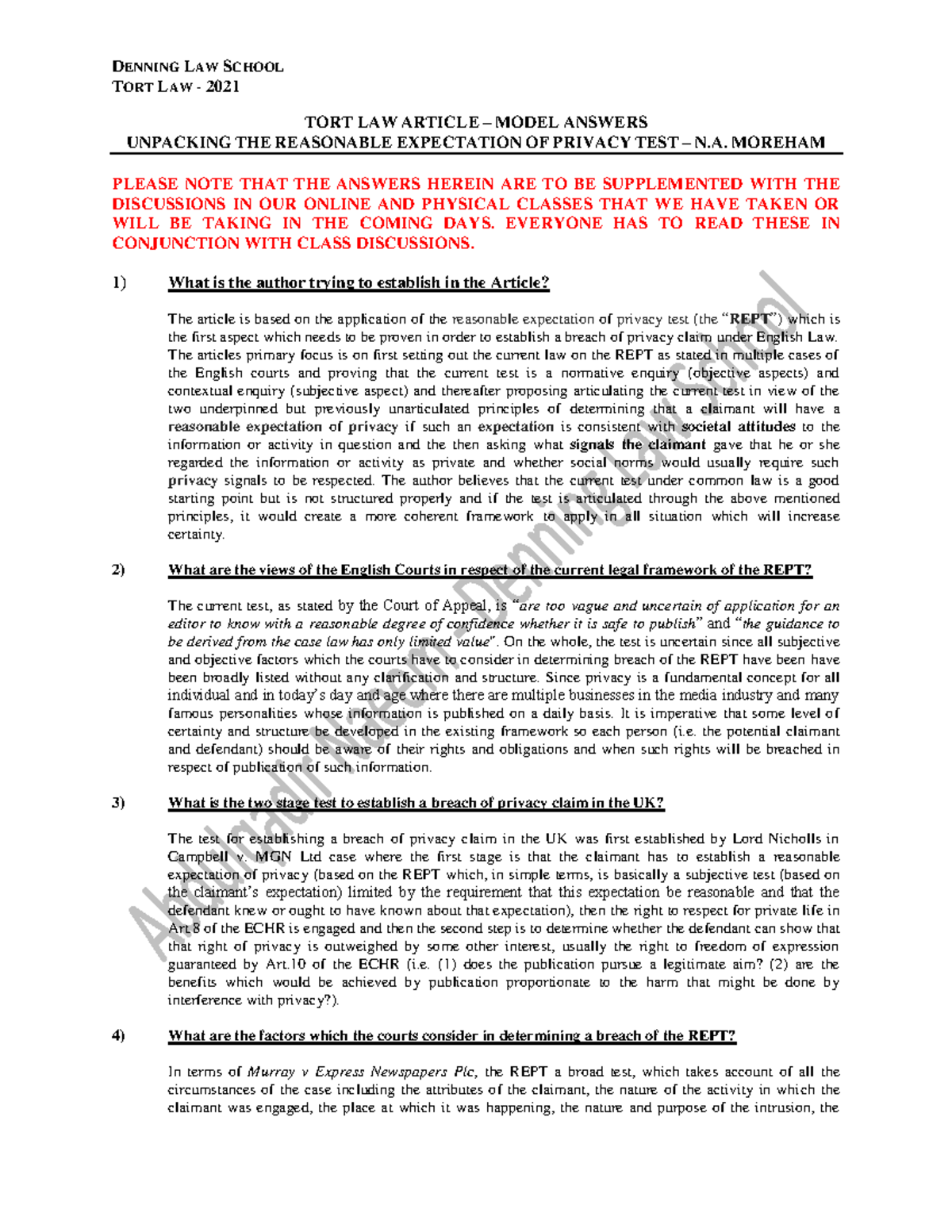 TORT LAW Article - Model Answers 2020-21 - TORT LAW - 2021 TORT LAW ...