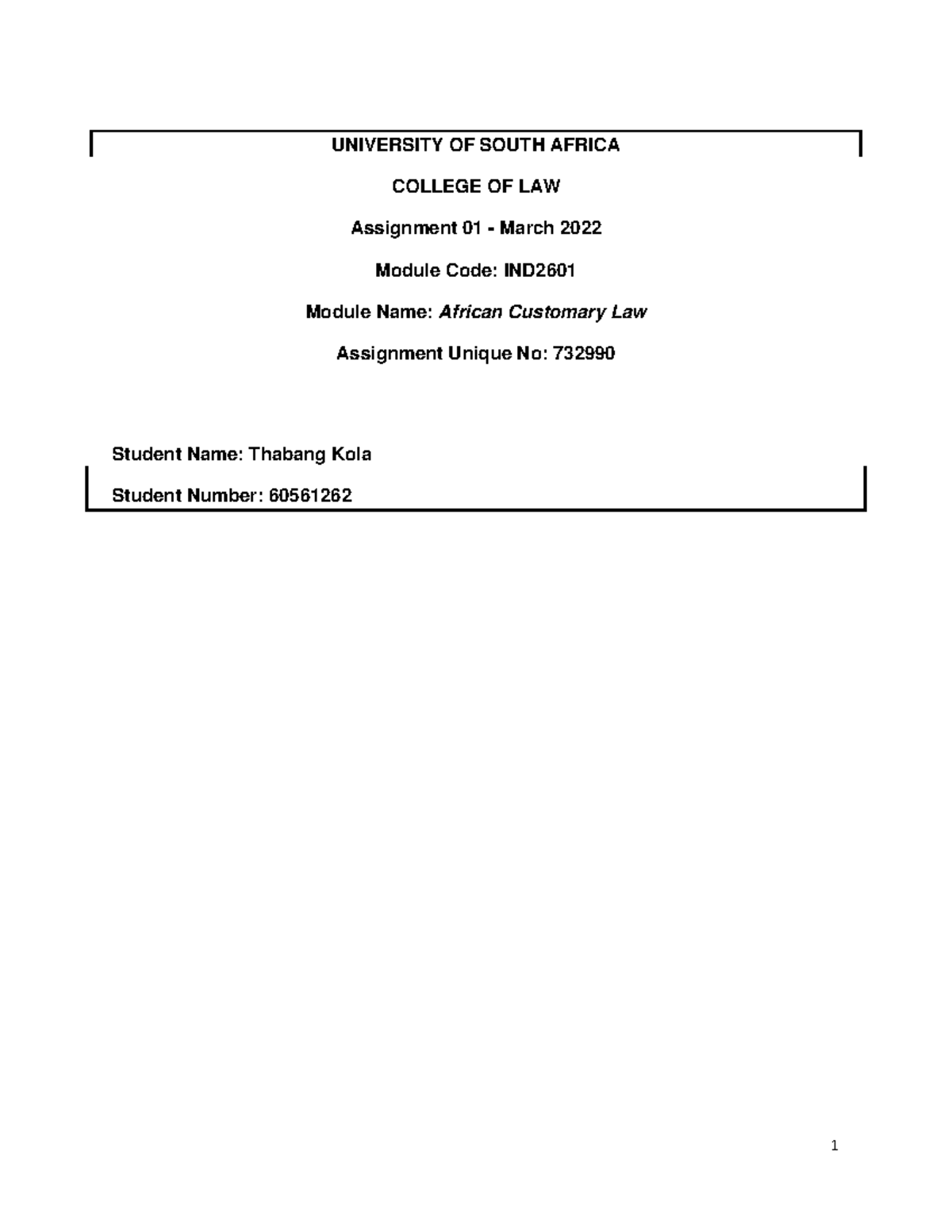 60561262 IND2601 Assignment 01 - UNIVERSITY OF SOUTH AFRICA COLLEGE OF ...