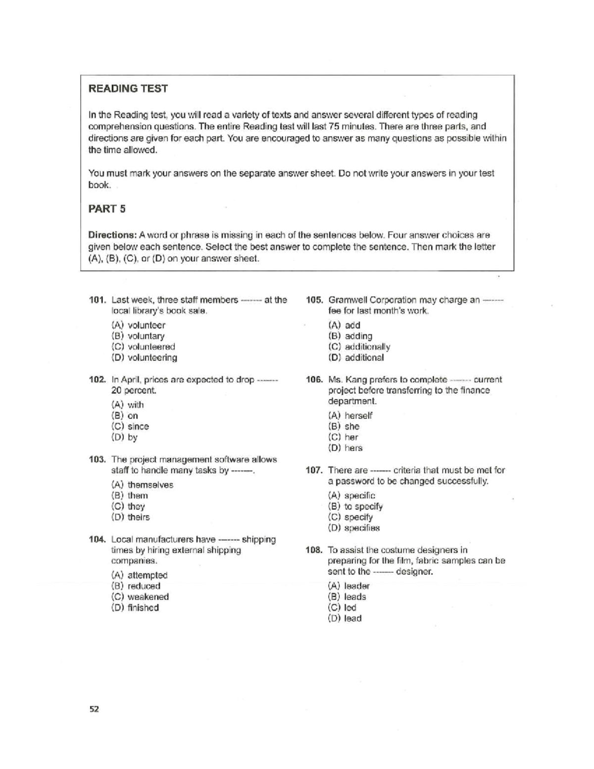 PART 5 - đừng vô - READING TEST In the Reading test, you will read a ...