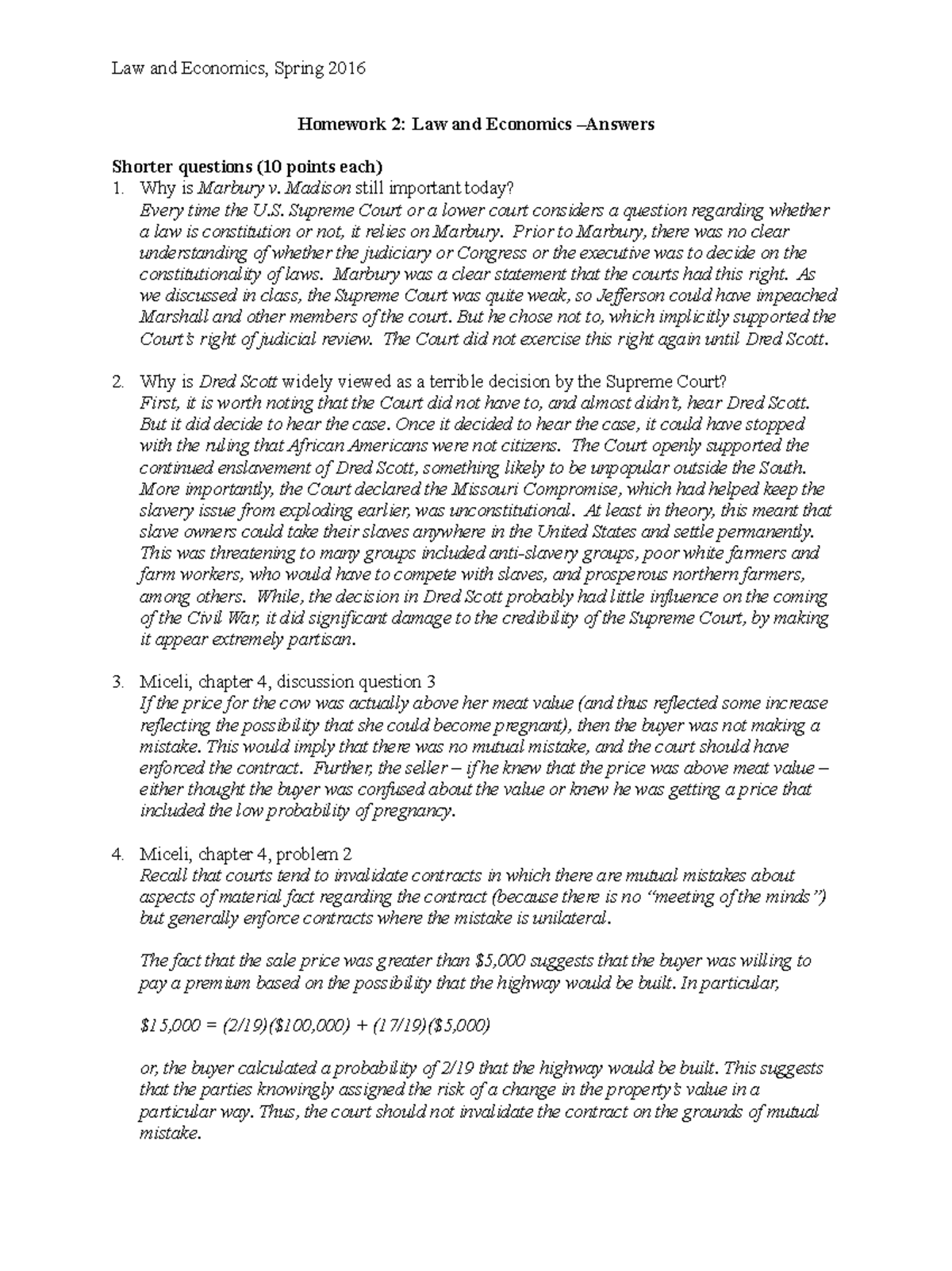 Homework 2 2016-answers - Law and Economics, Spring 2016 Homework 2 ...