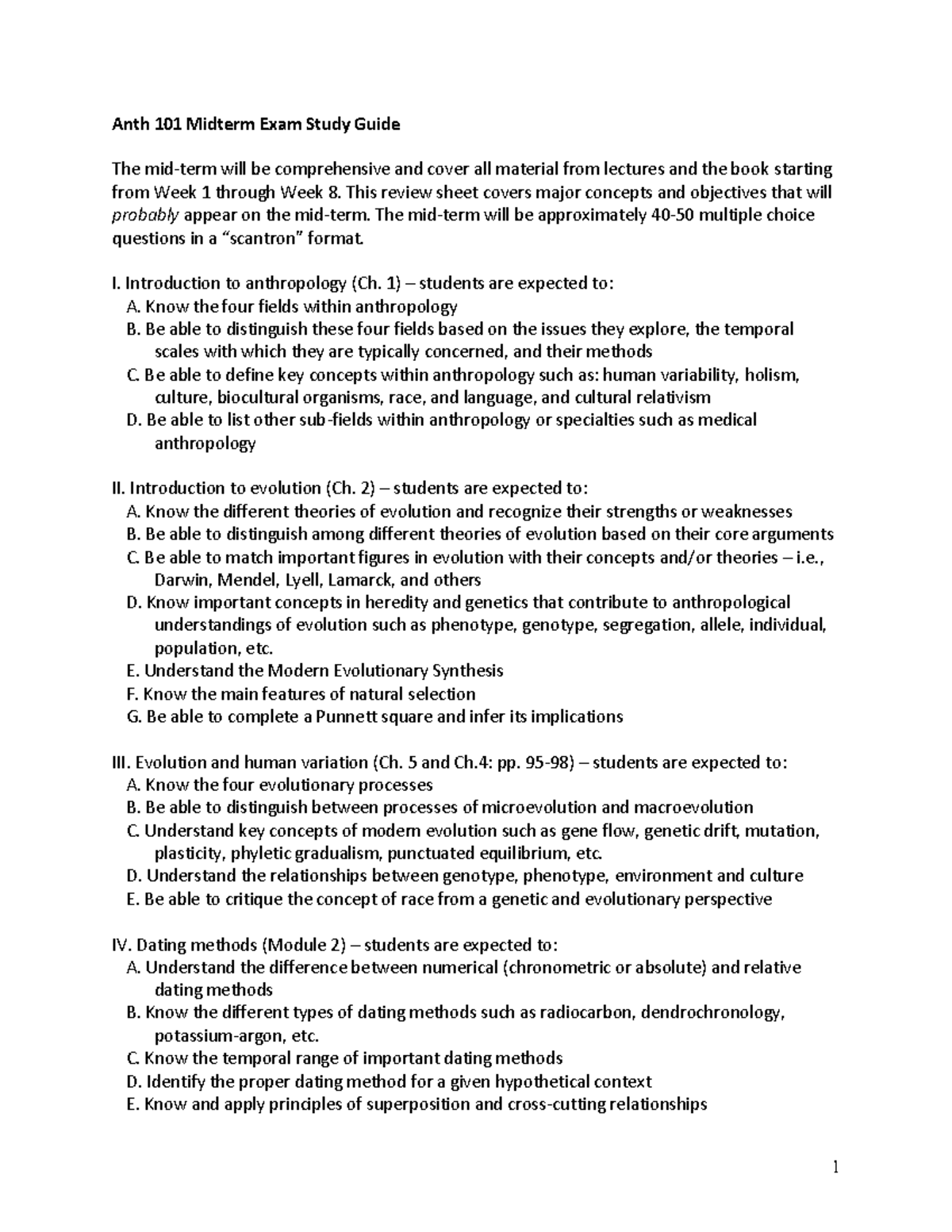 Anth 101 mid-term study guide 2023 - 1 Anth 101 Midterm Exam Study ...