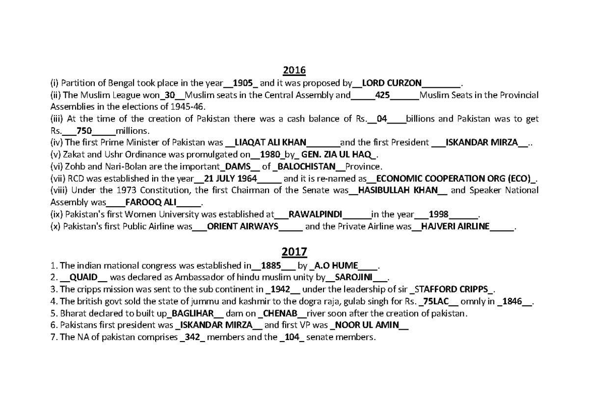PAK Studies Solved MCQS - 2016 (i) Partition of Bengal took place in ...