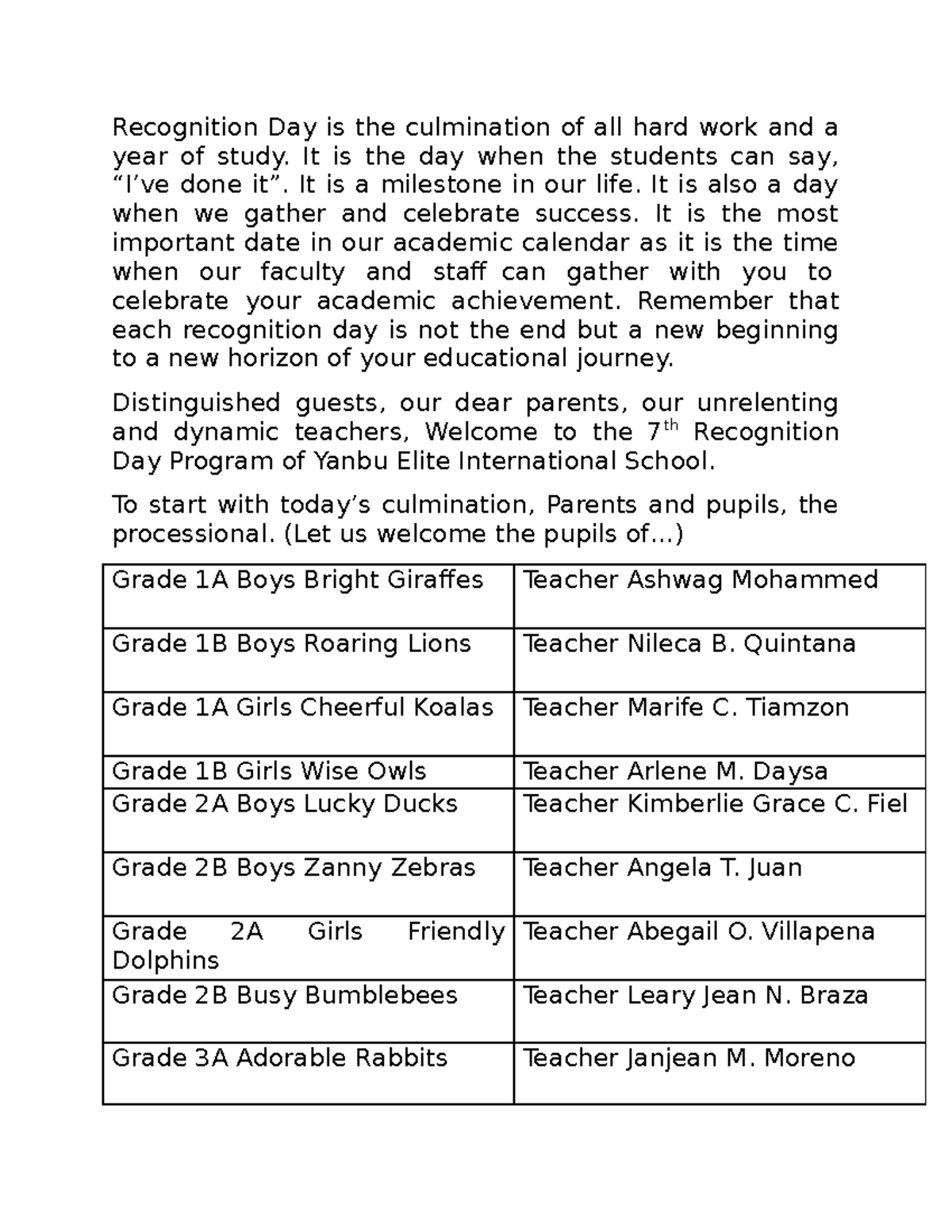 Recognition- Script - Recognition Day is the culmination of all hard ...