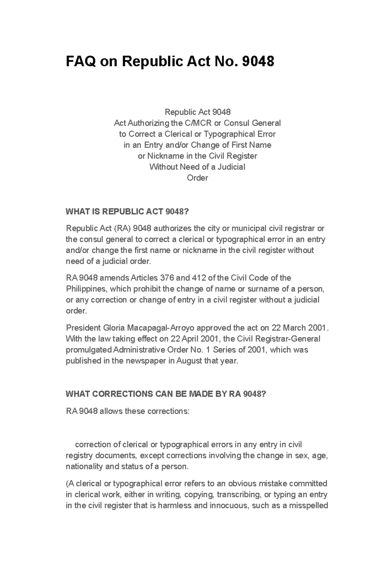 FAQ On Republic Act No 9048 FAQ On Republic Act No 9048 Republic Act