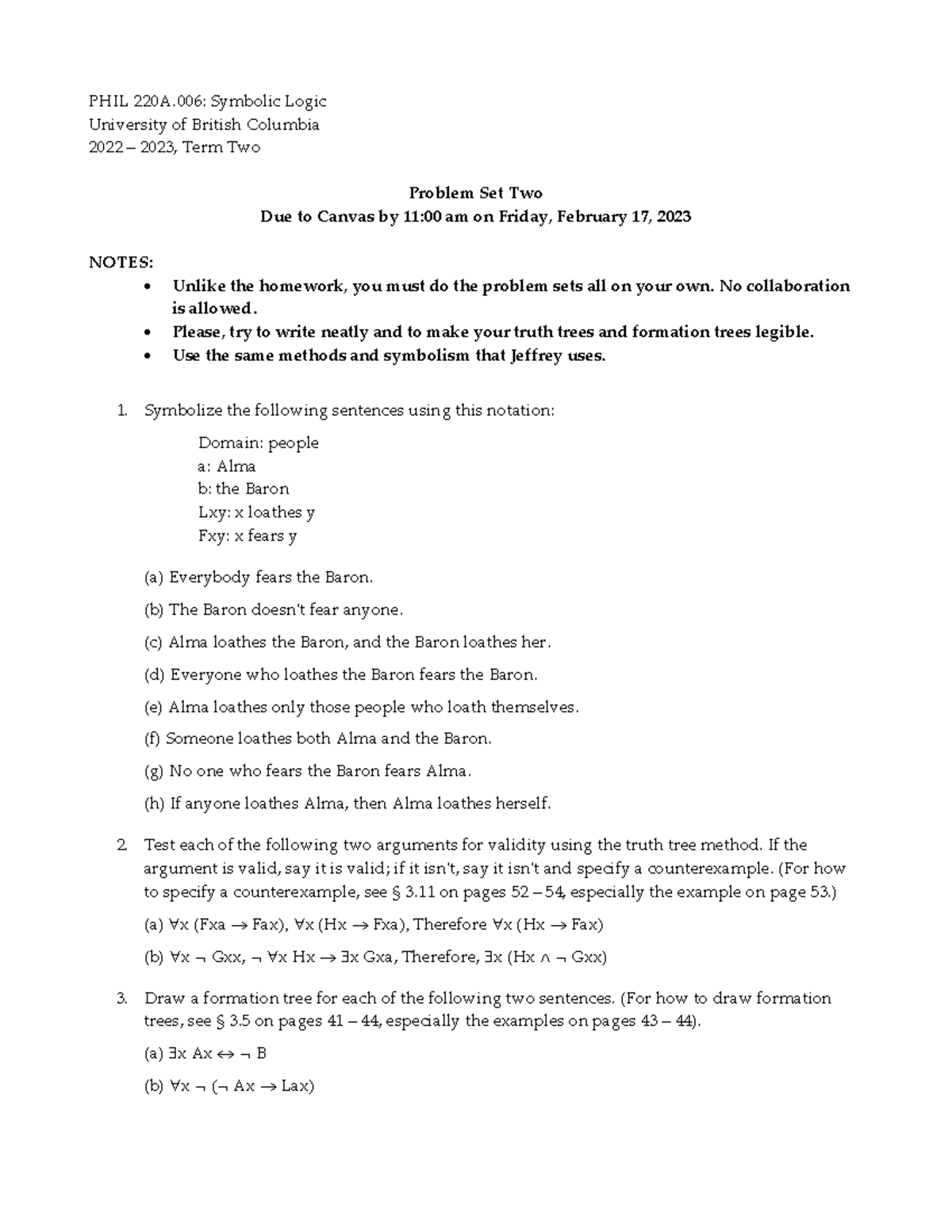 Problem Set 02-1 - PHIL 220A: Symbolic Logic University of British Columbia 2022 – 2023, Term ...