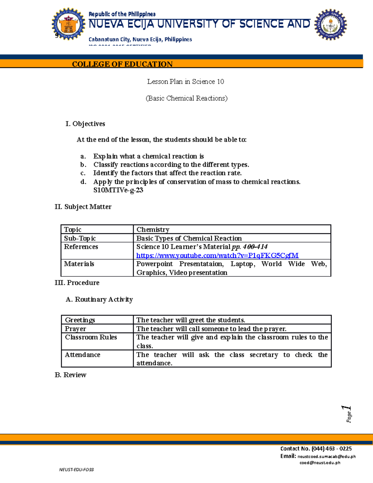 Lesson Plan in Science 10 - 9 ` Lesson Plan in Science 10 (Basic ...