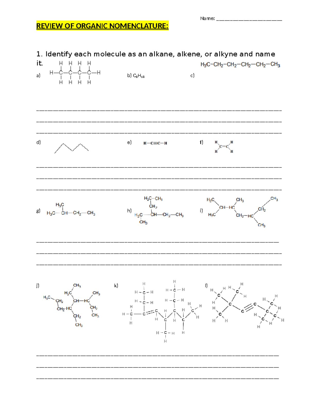 Review OF Organic Nomenclature Final worksheet - REVIEW OF ORGANIC ...