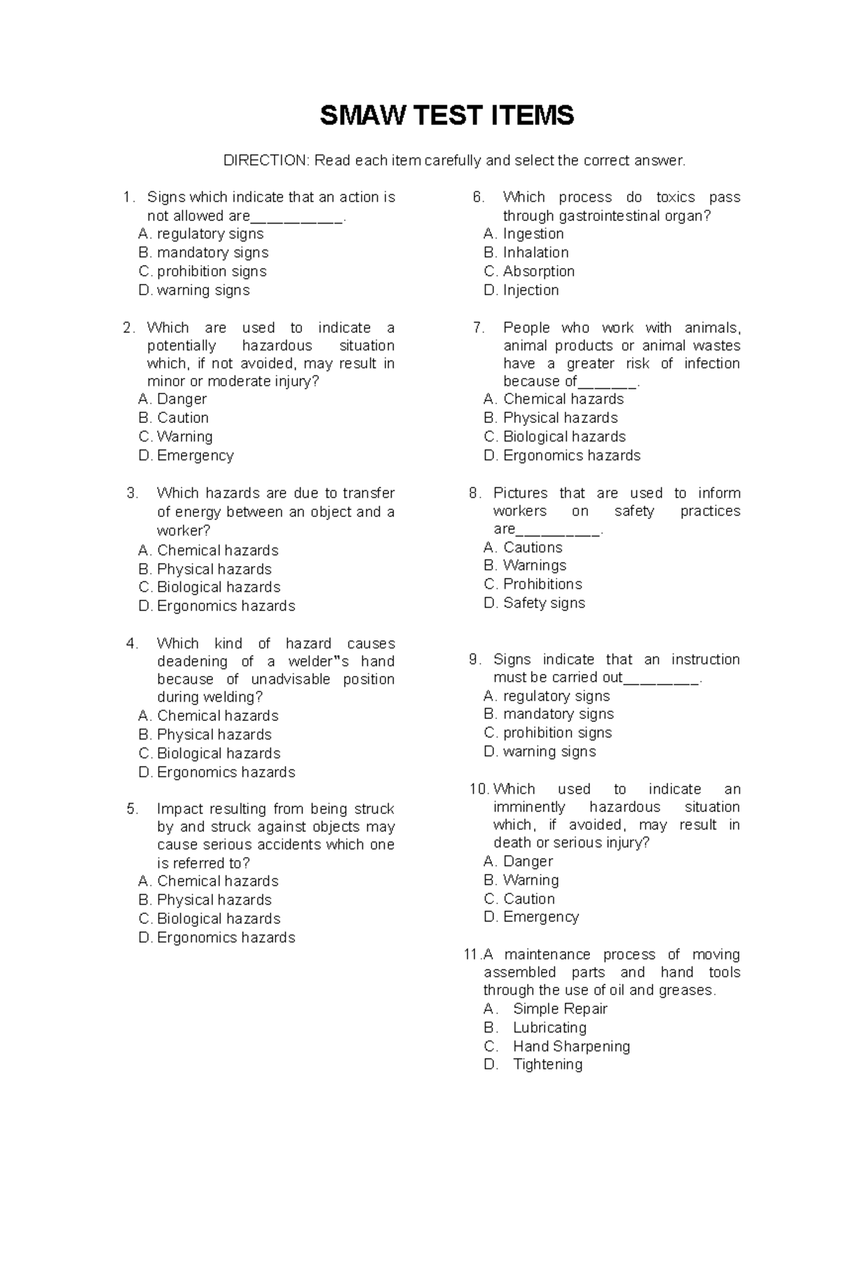 SMAW TEST Items - nothing important - SMAW TEST ITEMS DIRECTION: Read ...