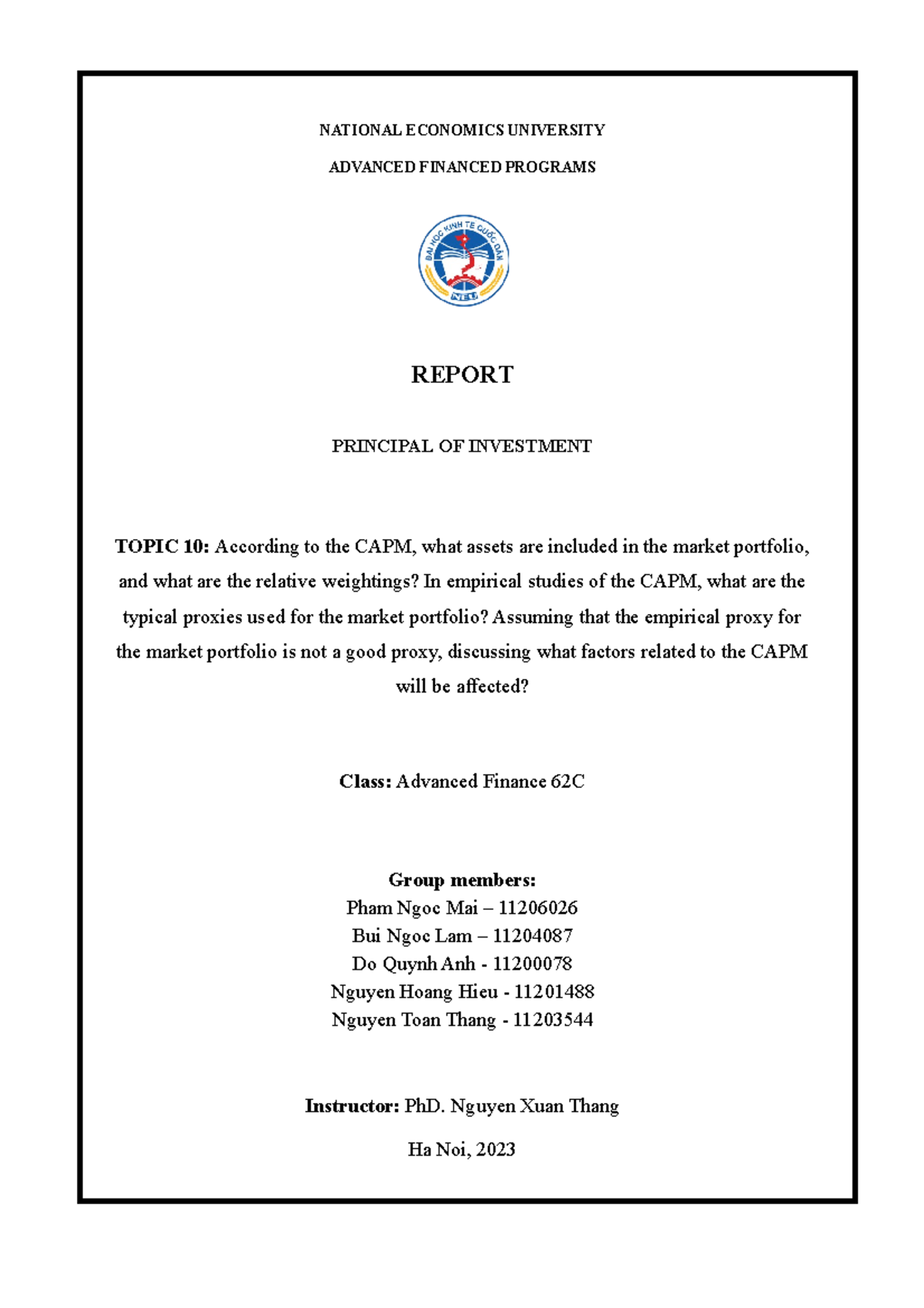 Nguyen ly dau tu report - nah - NATIONAL ECONOMICS UNIVERSITY ADVANCED ...