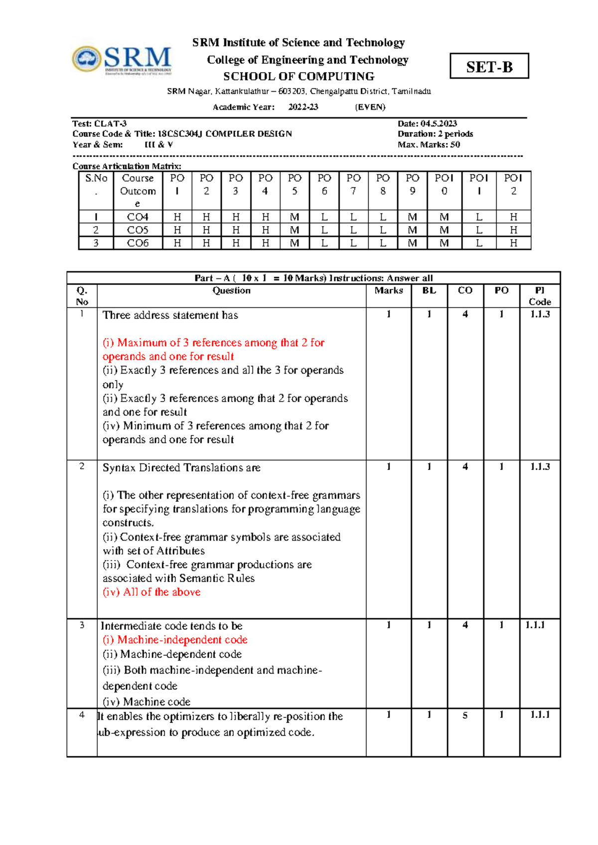 CT3 SETB Answerkey - SRM Institute of Science and Technology College of ...