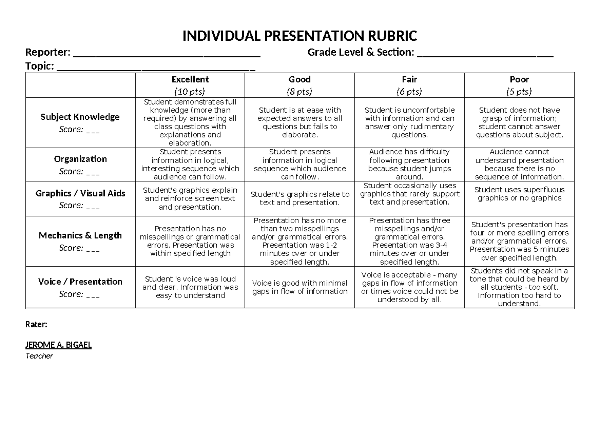 Individual or Group Presentation Rubric - INDIVIDUAL PRESENTATION ...