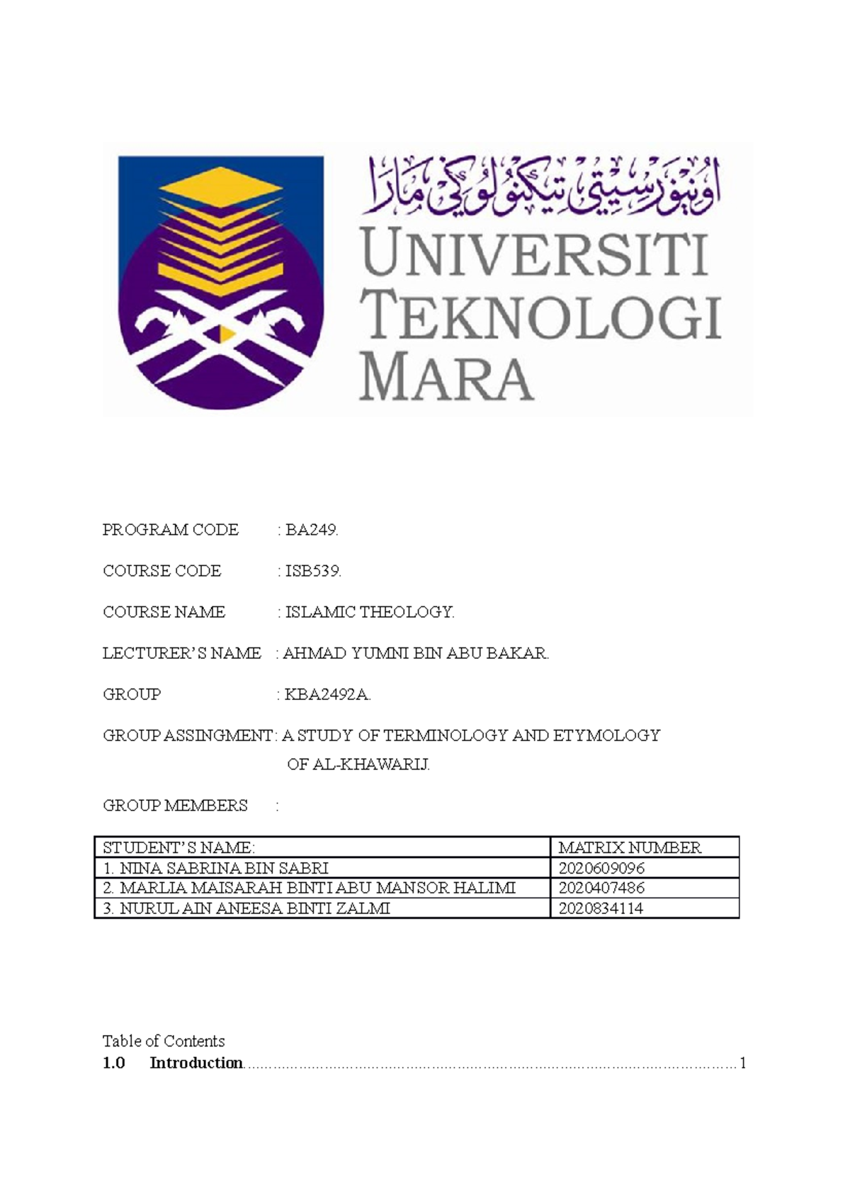 Assignment Group ISB539 - PROGRAM CODE : BA249. COURSE CODE : ISB539 ...