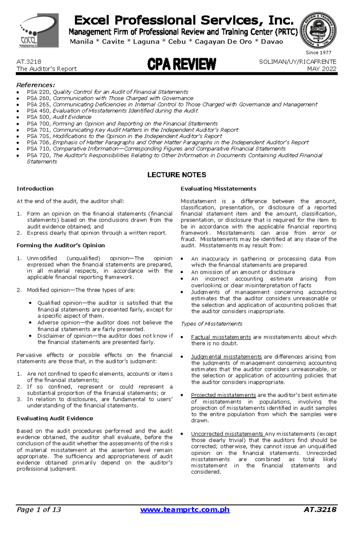 AT AUDITOR REPORT - Manila * Cavite * Laguna * Cebu * Cagayan De Oro ...