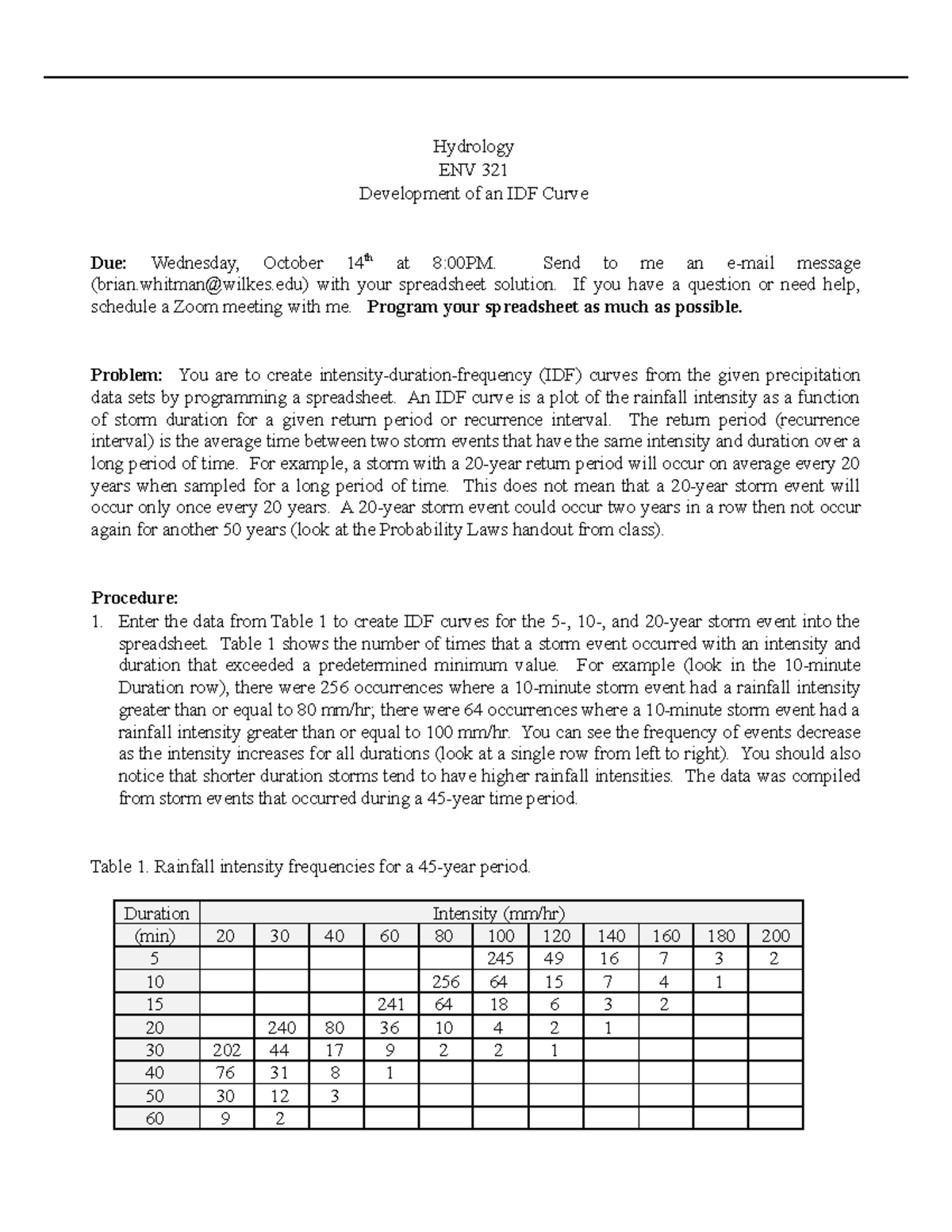 Lab IDF Curves - Lecture Notes - Hydrology ENV 321 Development of an ...