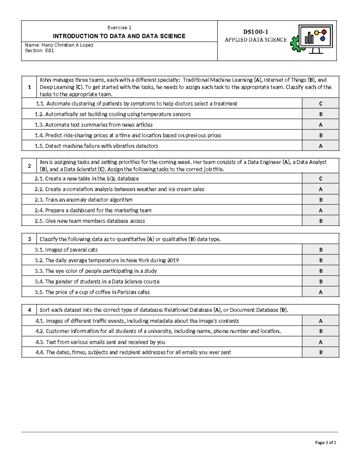 DS100-1 Exercise 1 - Page 1 of 3 Exercise 1 INTRODUCTION TO DATA AND DATA SCIENCE DS100- 1 ...