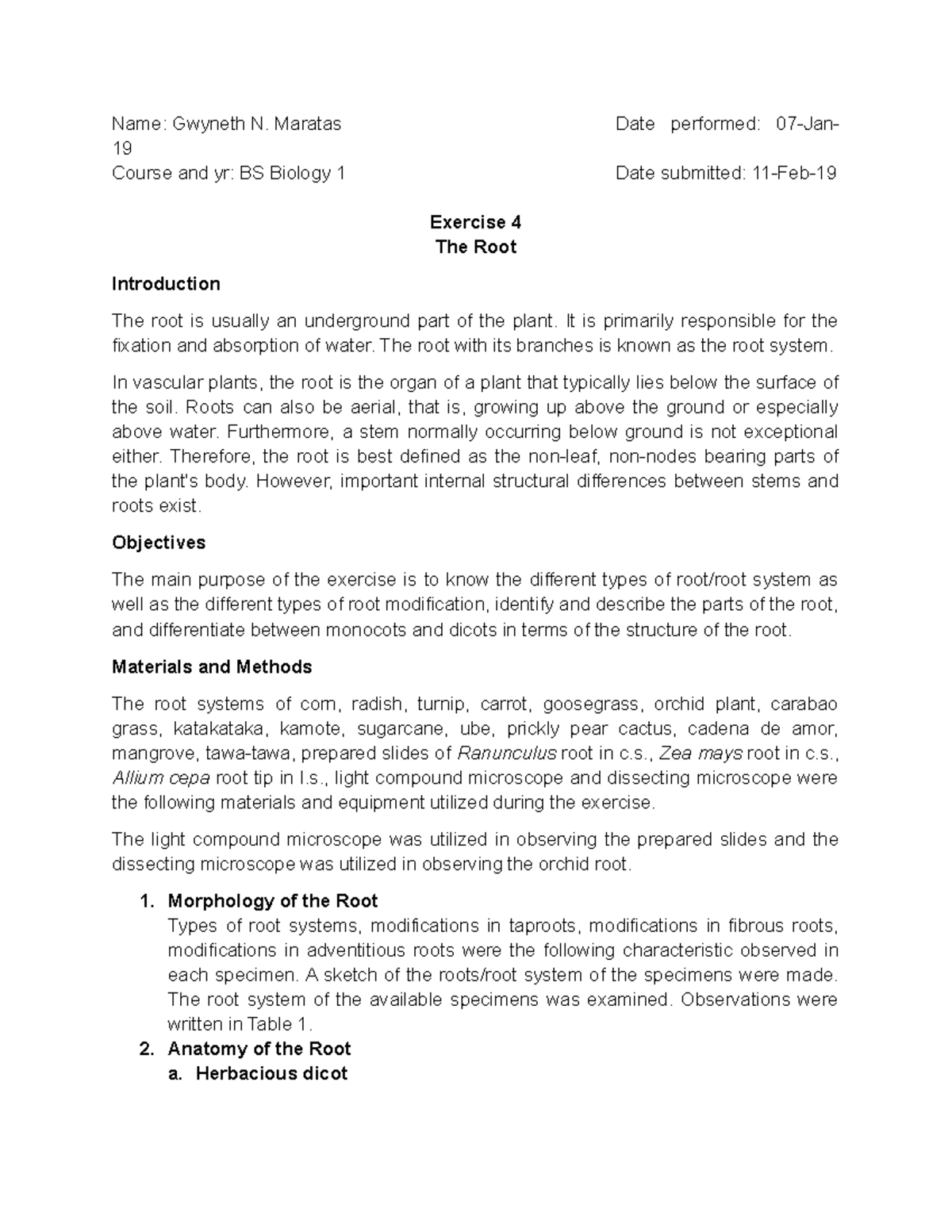 BOT 111.1 Lab exercise 4 - Name: Gwyneth N. Maratas Date performed: 07 ...