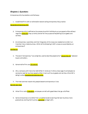 Entr Exam 1-4 Prep - Entr Exam 1-4 Prep - Chapters 1-4 Questions ...
