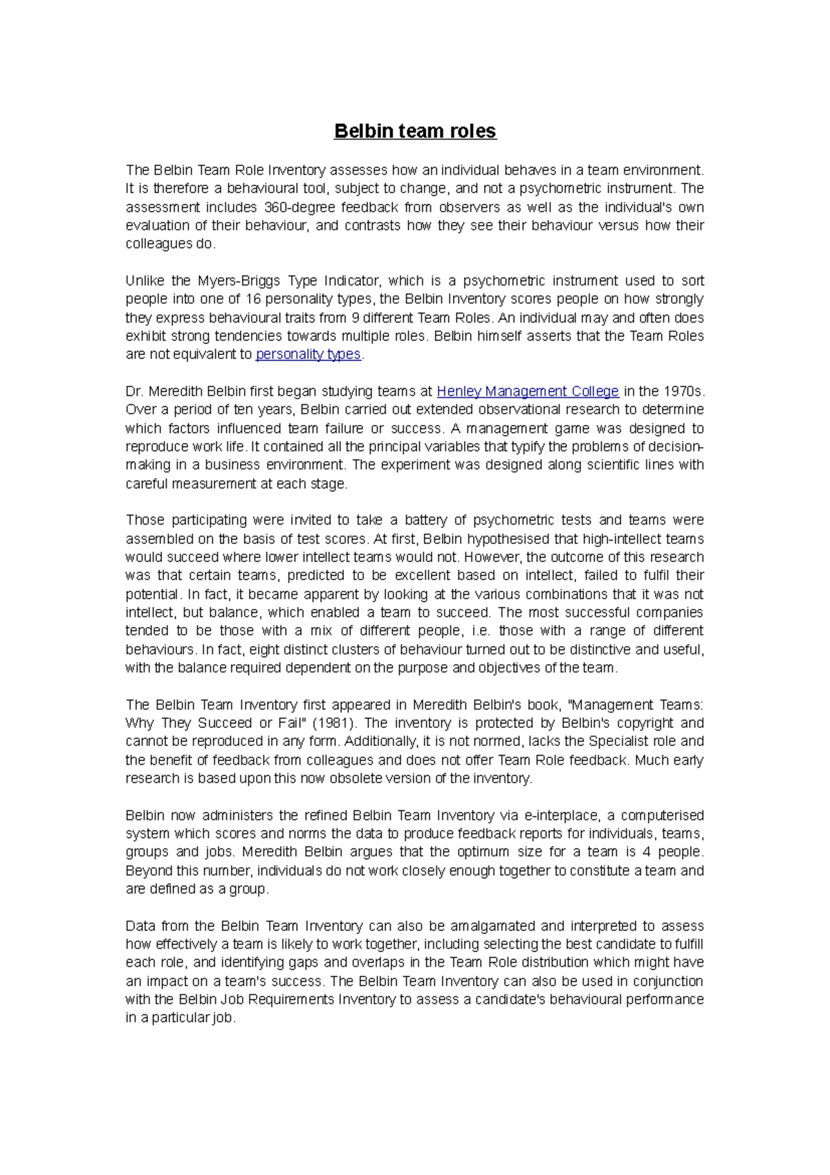 Belbin Test (3) - Belbin team roles The Belbin Team Role Inventory ...