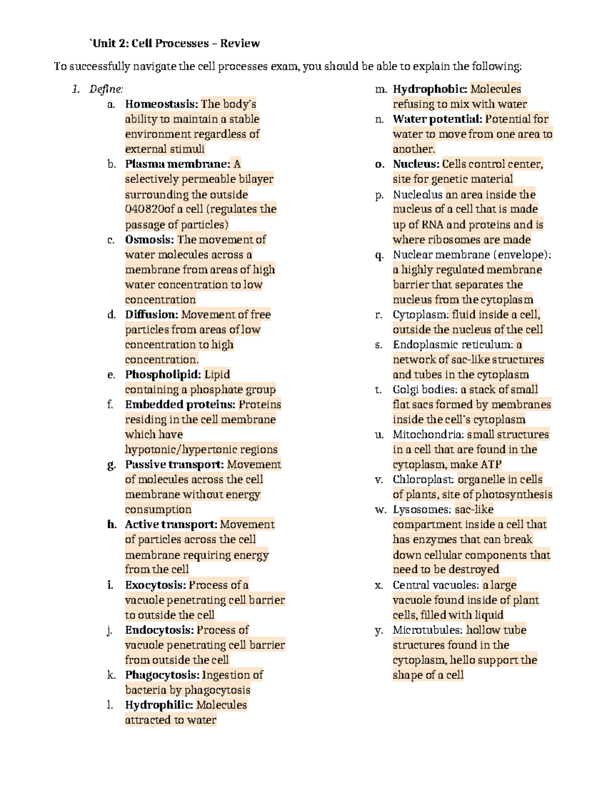 Copy of processes unit review - `Unit 2: Cell Processes – Review To ...